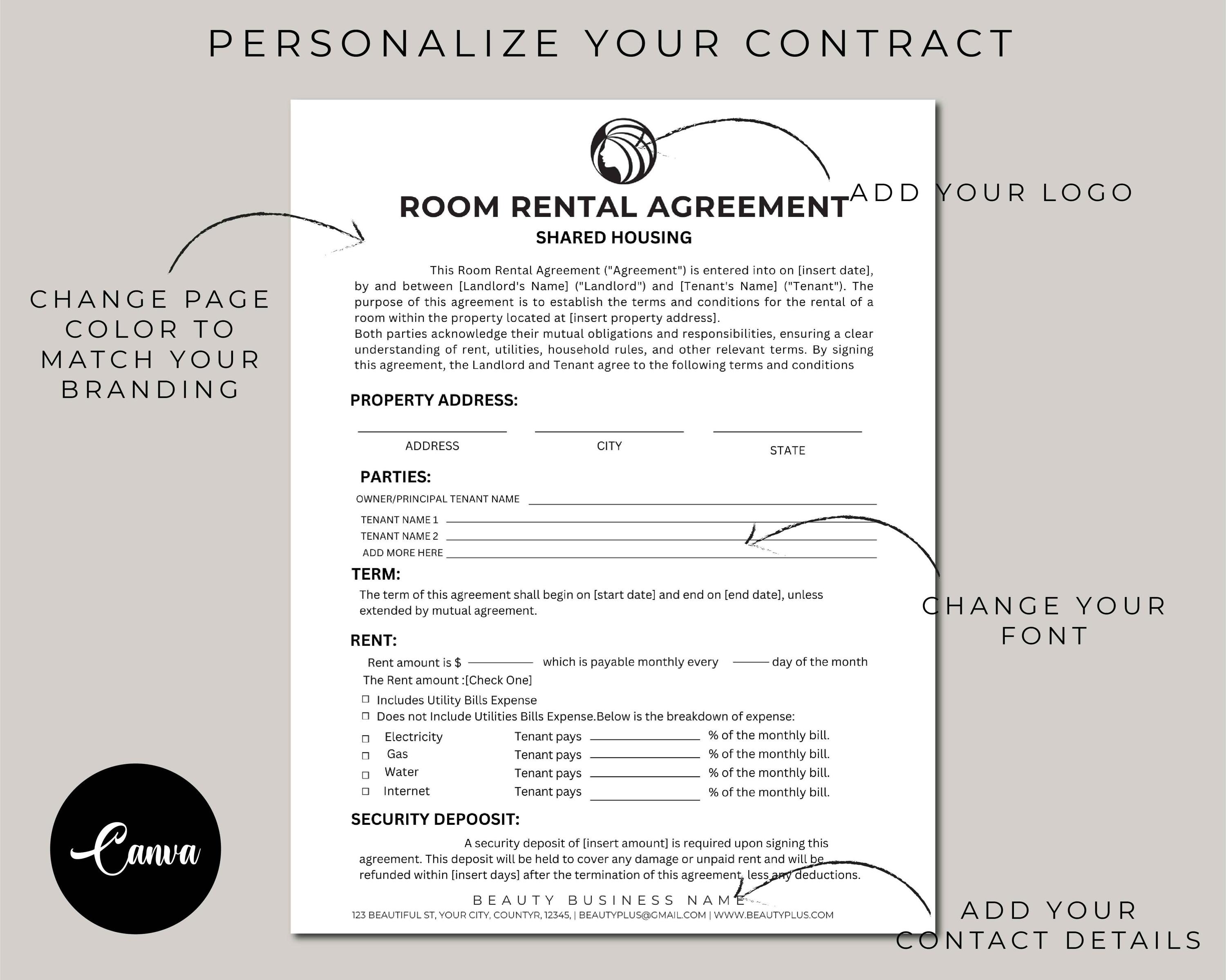 Room Rental Agreement Template, Roommate Room Rental Agreement, Room ...