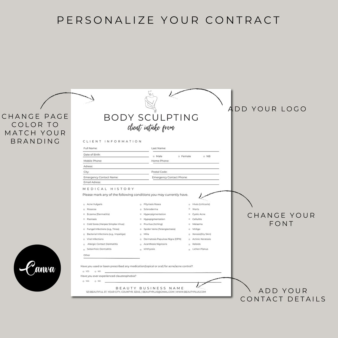 Body Sculpting Intake Forms, Esthetician Templates, Body Contouring ...