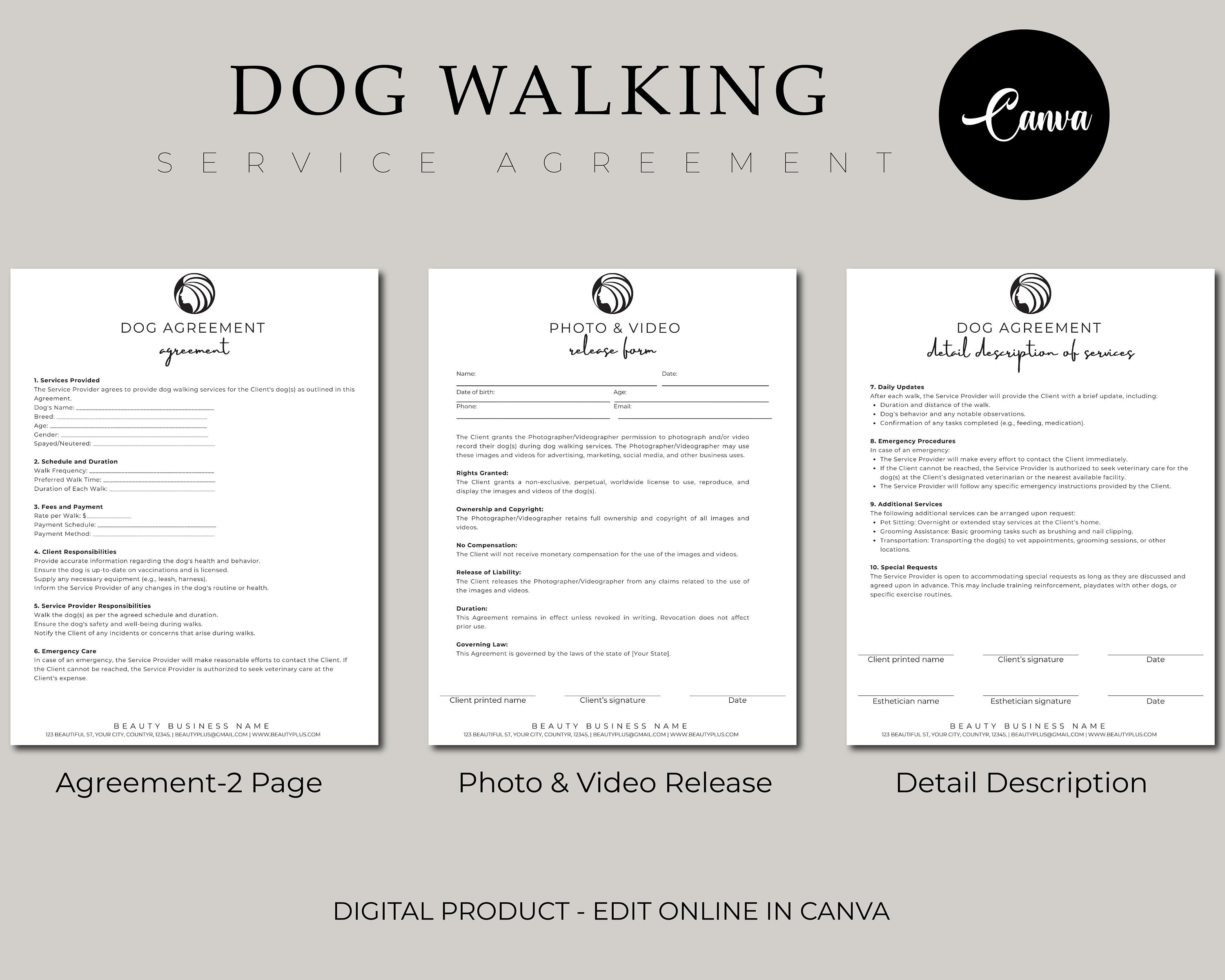 Dog Walking Service Agreement/contract Template, Invoice, Editable ...