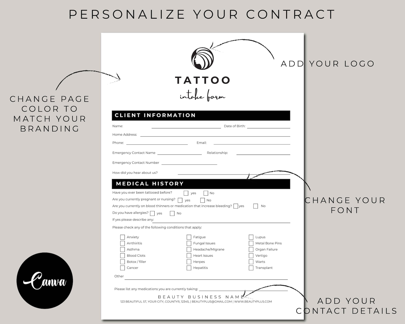 Tattoo Artist Forms Bundle - Editable, Tattoo Artist Business Forms ...