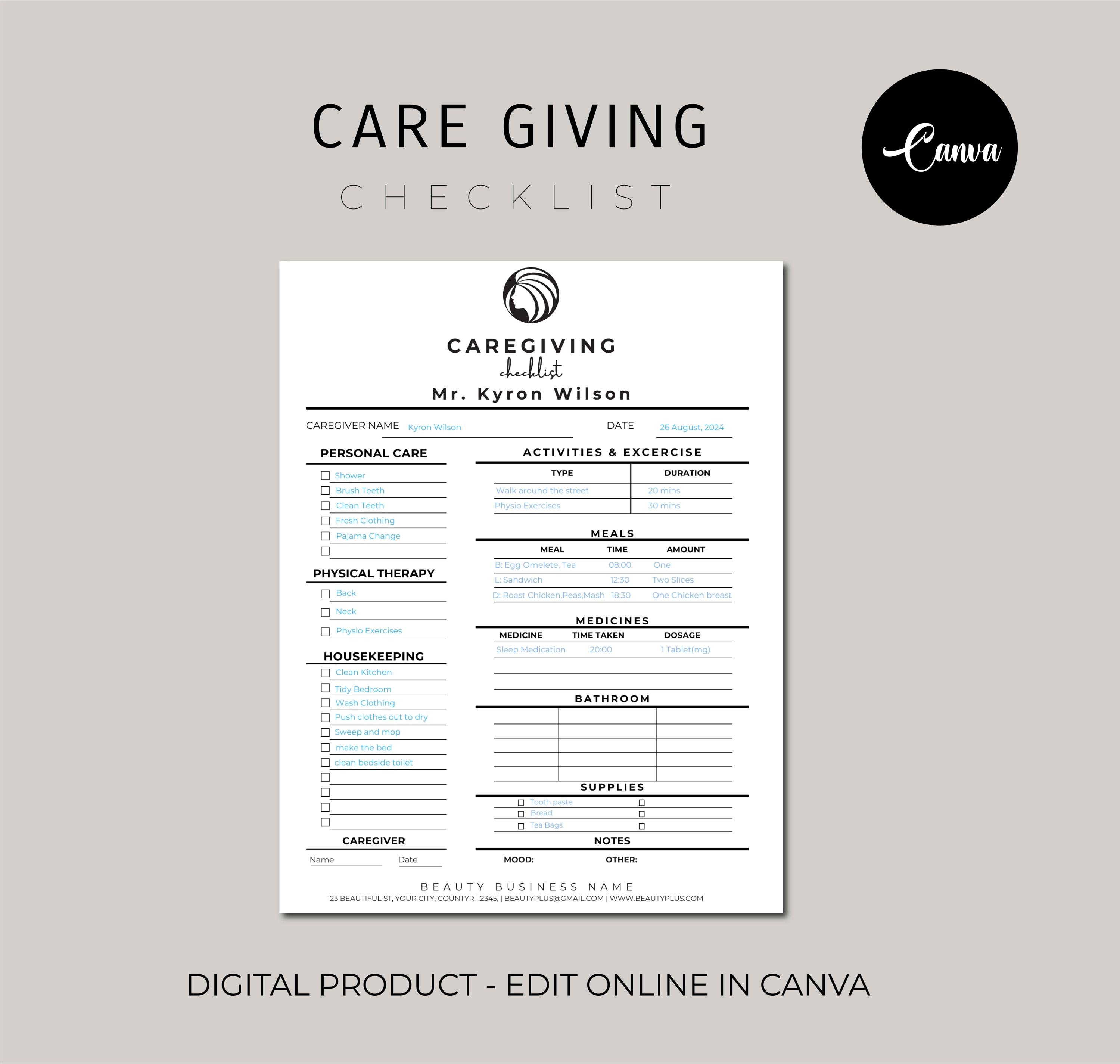 Caregiving Elderly Care Checklist, Printable Caregiver Schedule ...
