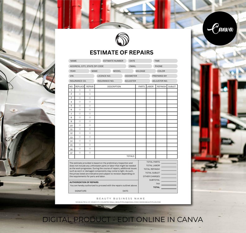 Editable Auto Body Repair Estimate Template, Canva Forms, Auto Repair ...