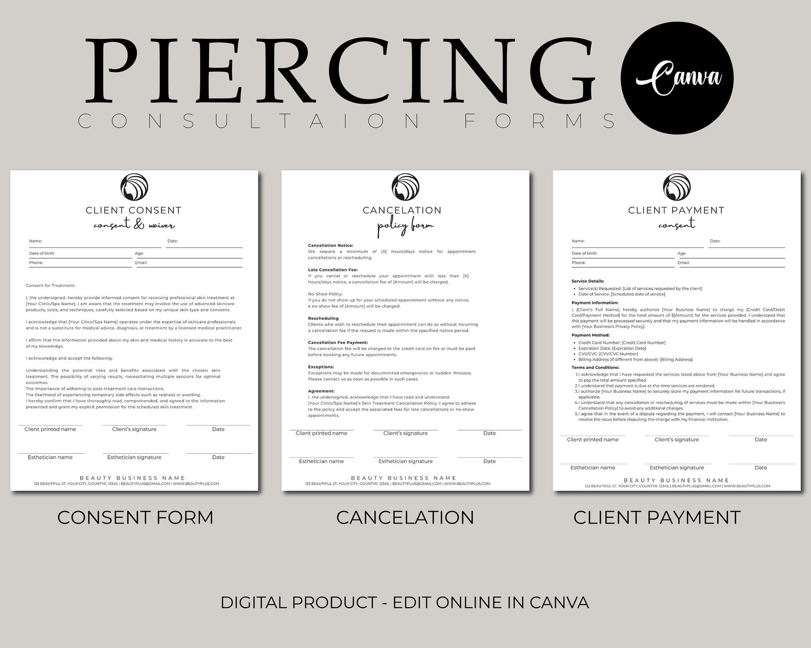 Body Piercing Consent Form, Ody Modification, DIY Editable Canva ...