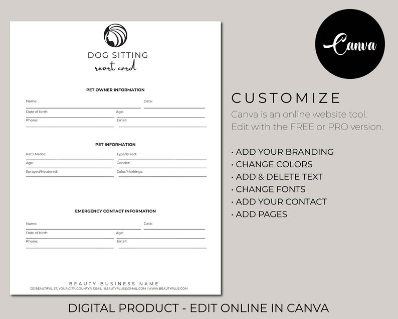 Dog Report Card, Pet Report Card Template, Dog Walking Forms, Editable ...
