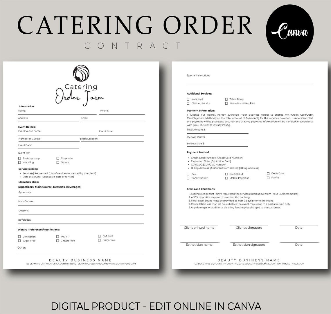 Catering Contract Template, Catering Order Forms, Catering Service Form ...