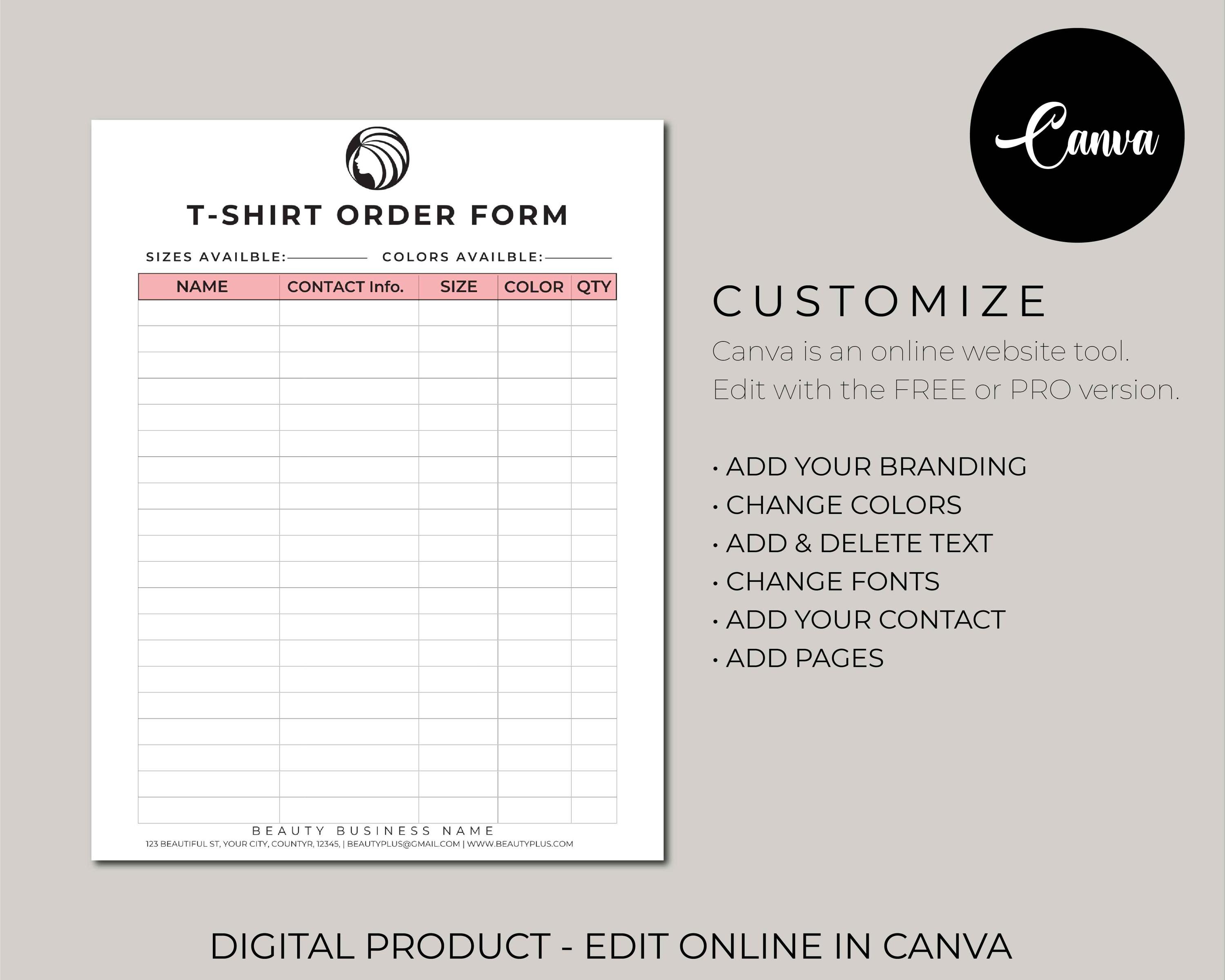 Editable Shirt Order Form Template, Printable Tshirt Order Forms ...