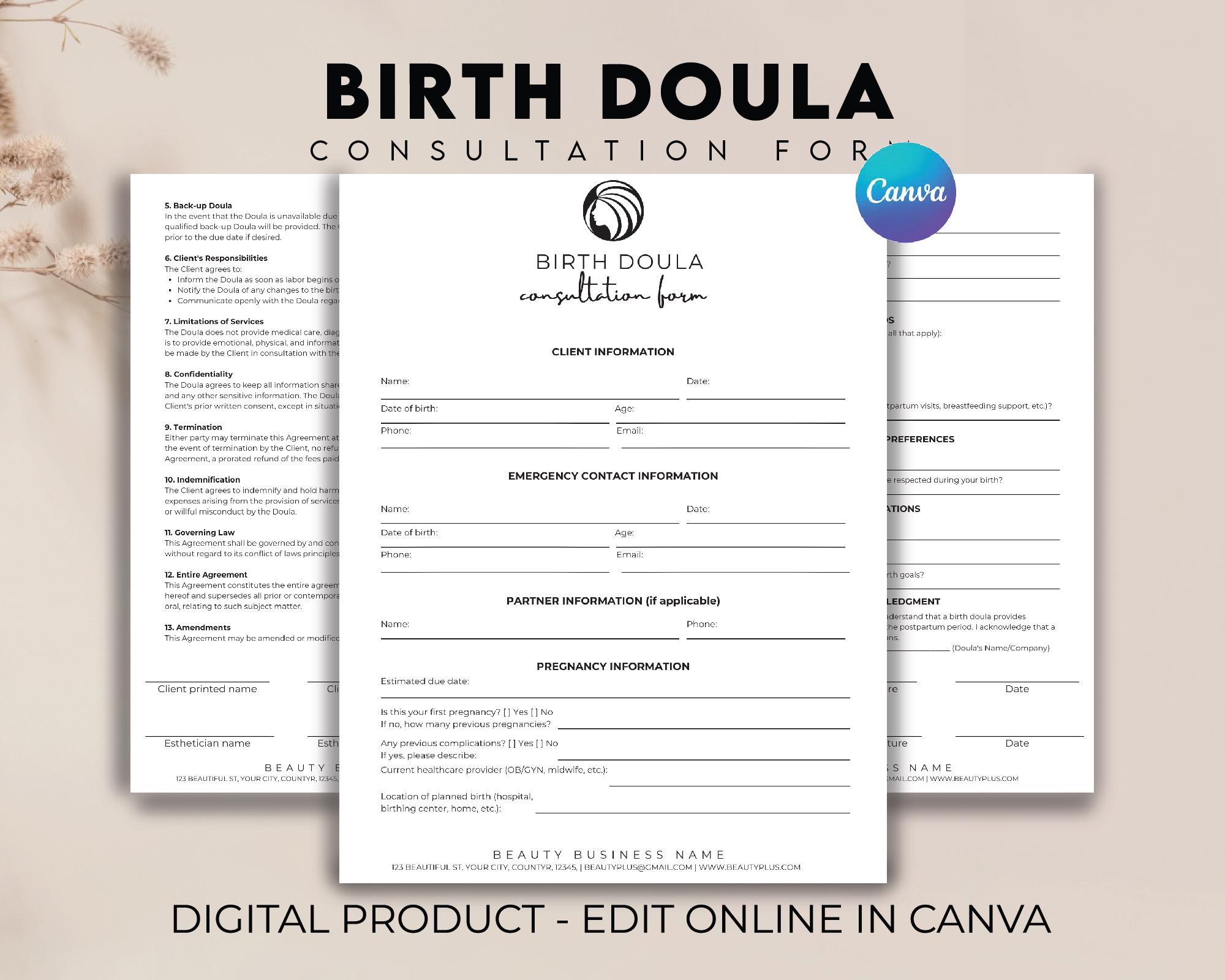 Doula Client Intake Forms Bundle, Birth Doula Contract Forms ...