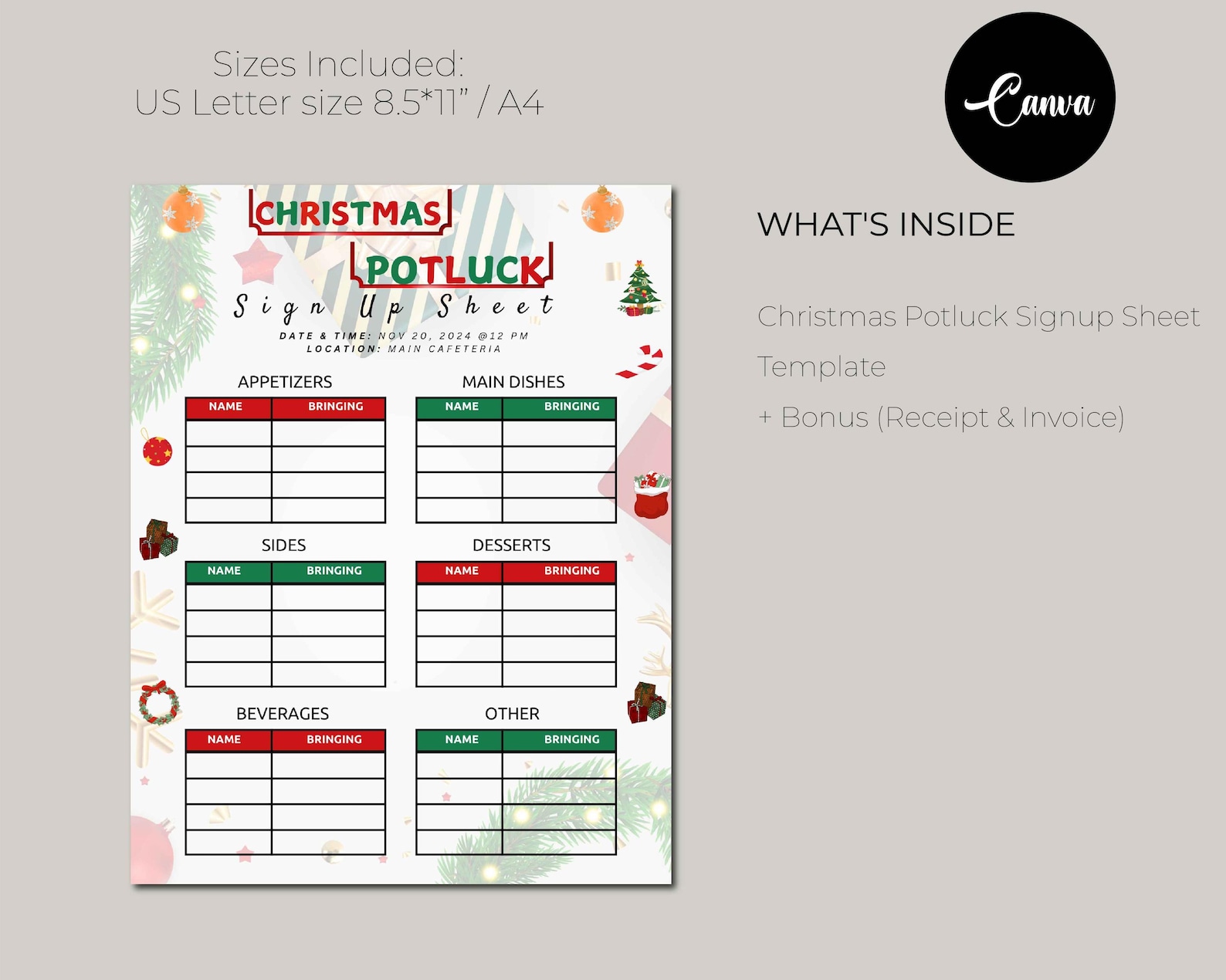 EDITABLE Christmas Potluck Sign up Sheet, Holiday Potluck Sign up Sheet ...