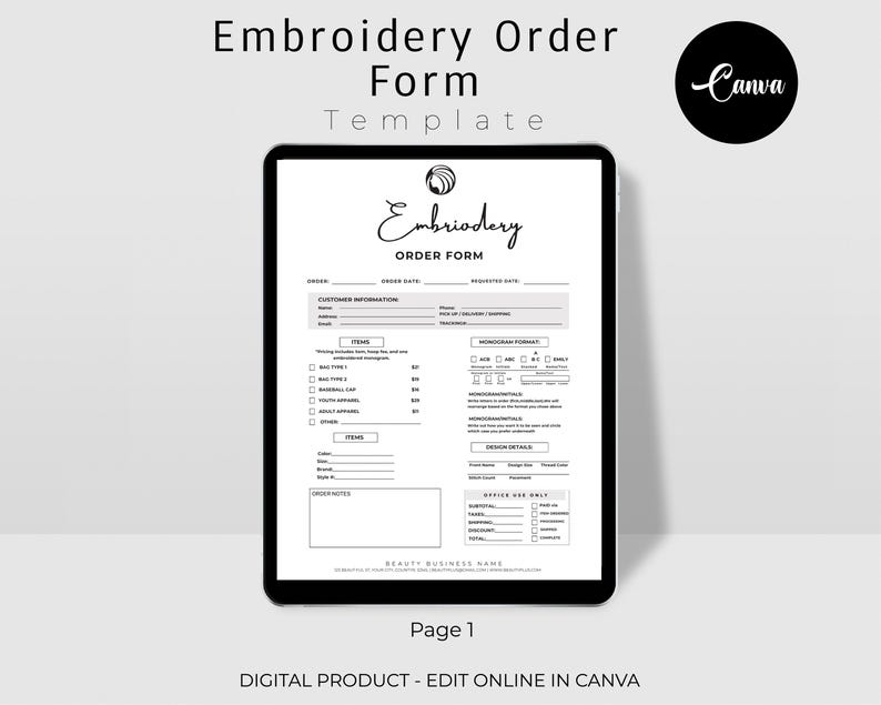 Embroidery Order Form Template, Embroidery Order Contract, Custom ...