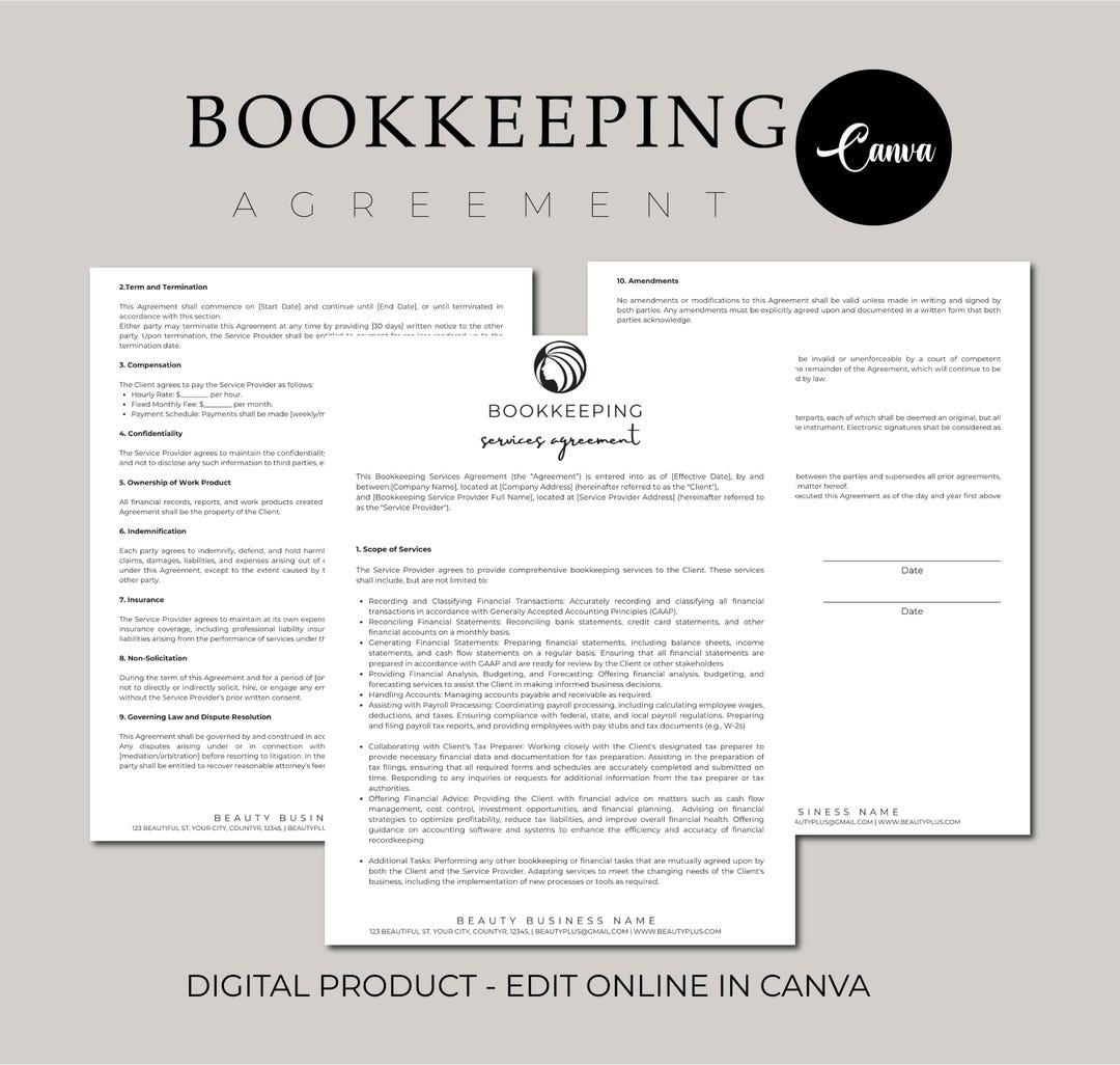 Bookkeeping Service Contract, Expense Tracking/budgeting Editable ...