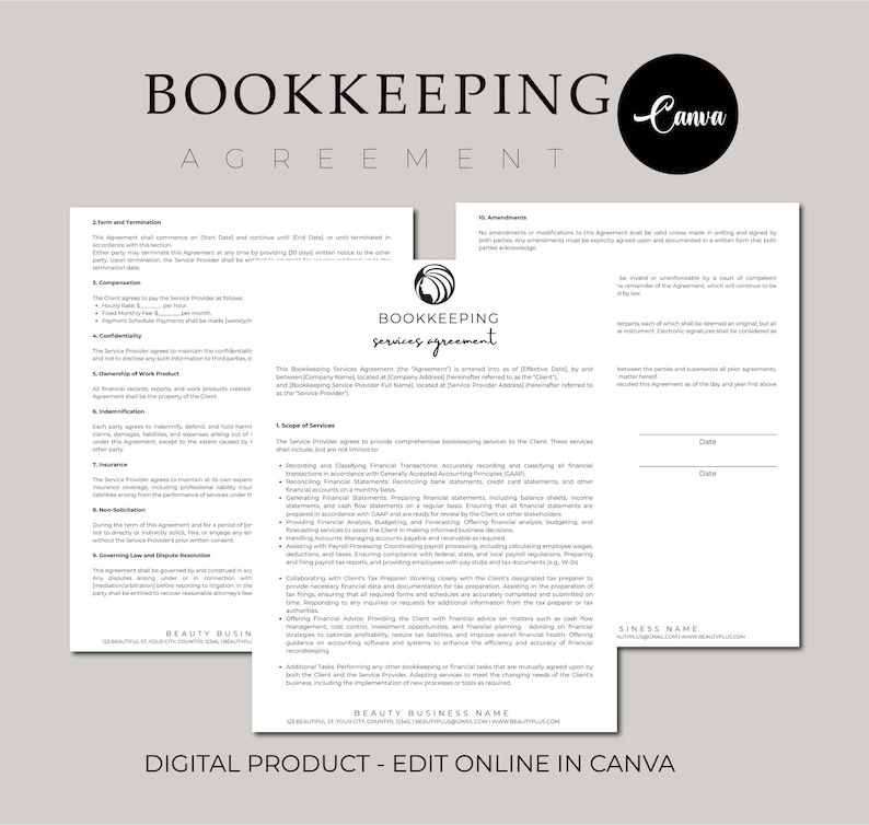 Bookkeeping Service Contract, Expense Tracking/budgeting Editable ...