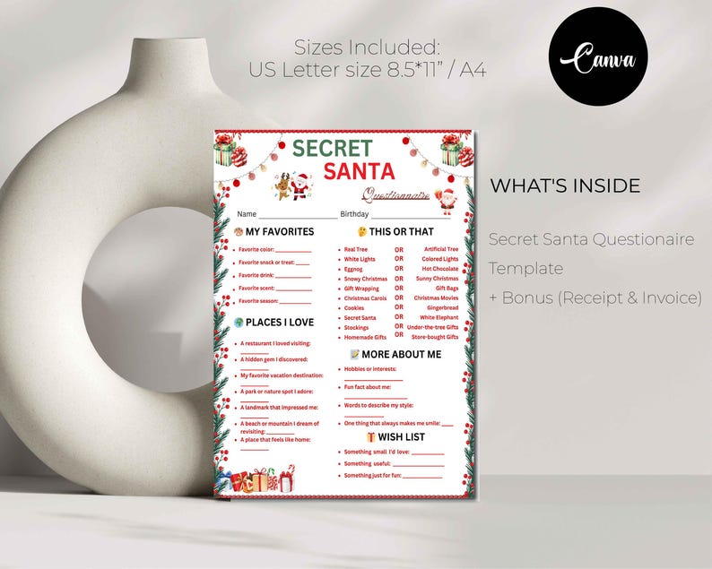 Editable Secret Santa Questionnaire, Gift Exchange Form, Christmas ...