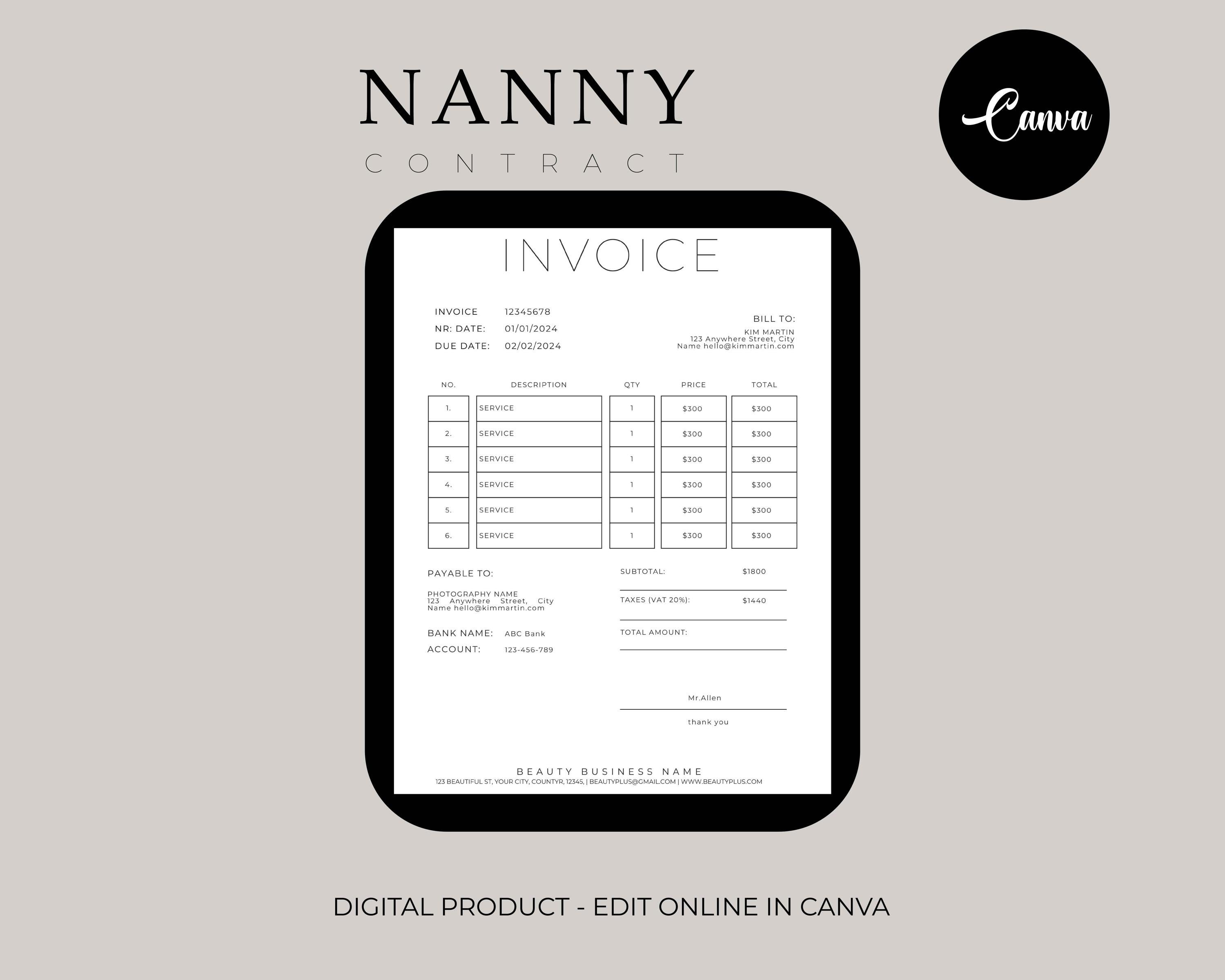 Editable Nanny Contract Template, Nanny Agreement Worksheet, Childcare ...