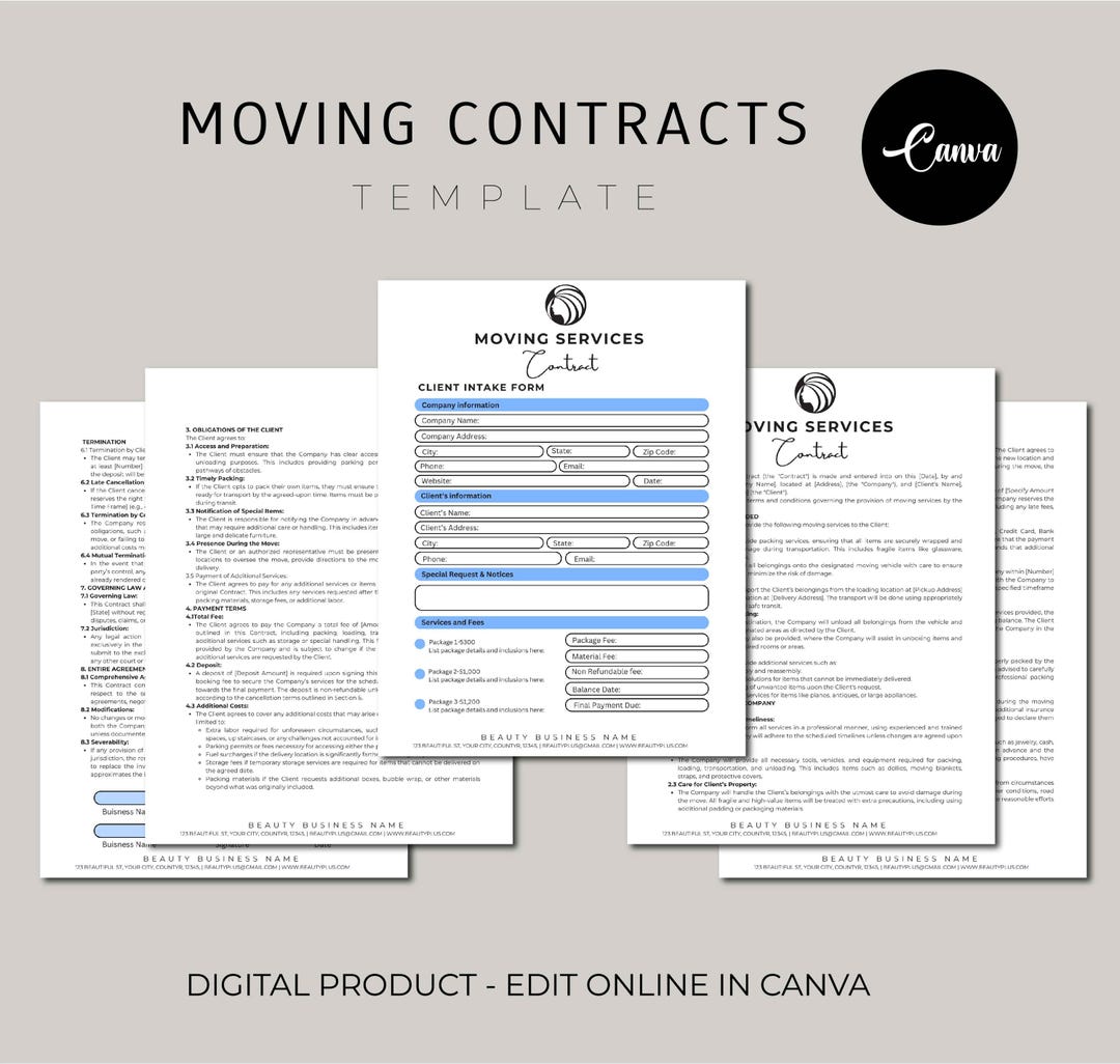 Editable Moving Contracts Template, Moving Services Contract, Canva ...