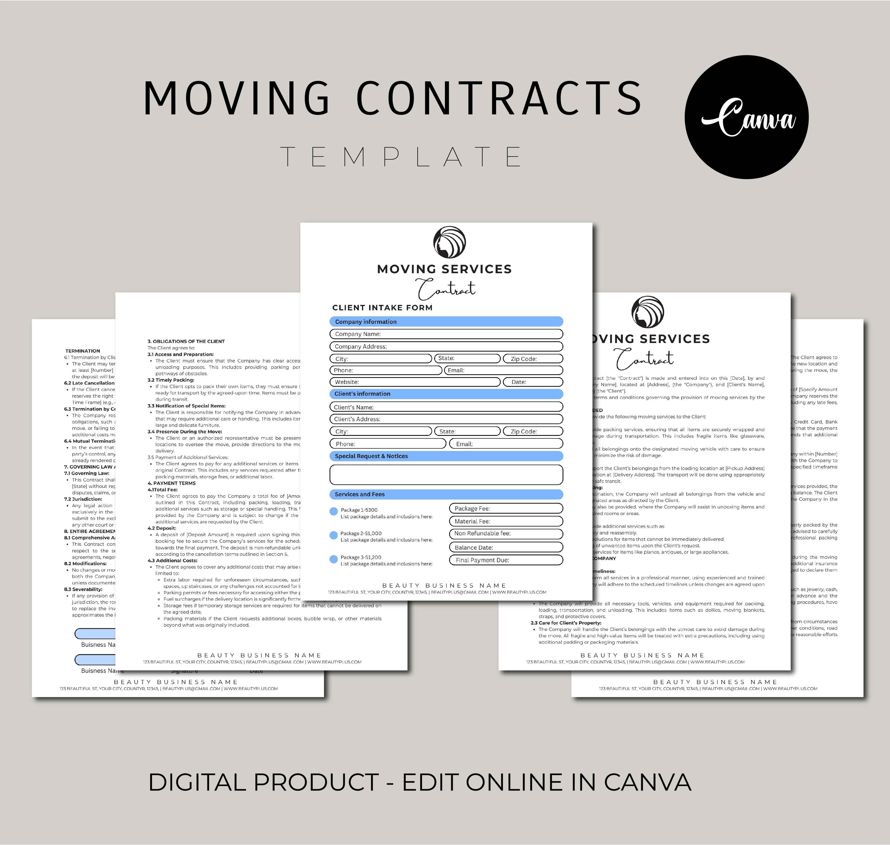 Editable Moving Contracts Template, Moving Services Contract, Canva ...