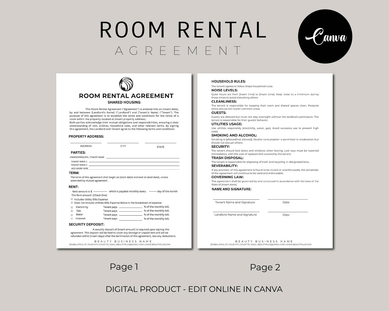 Room Rental Agreement Template, Roommate Room Rental Agreement, Room ...