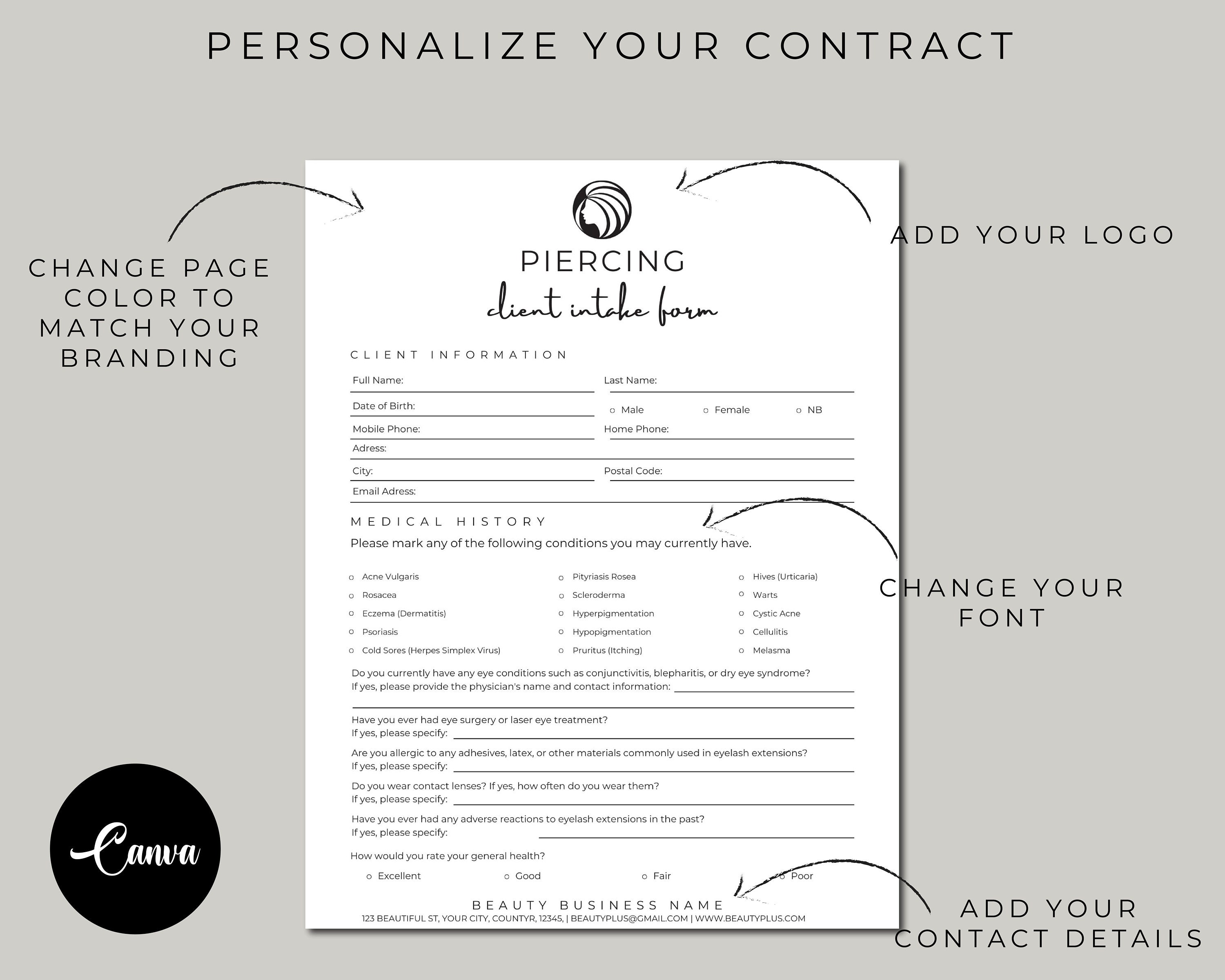 Body Piercing Consent Form, Ody Modification, DIY Editable Canva ...