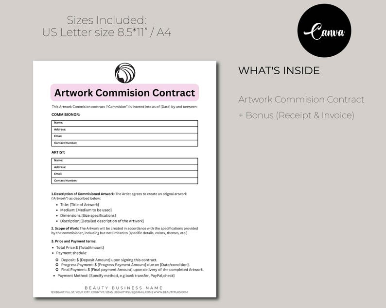 Artist Commission Contract, Customizable and Printable Agreement for ...