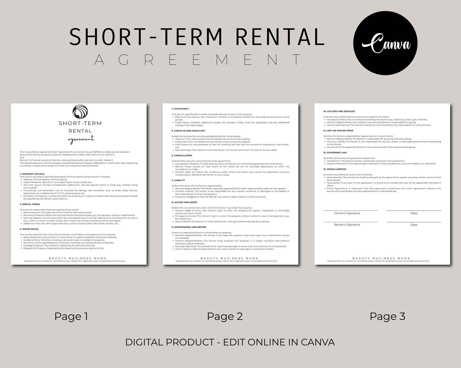 Short Term Rental Agreement, Short Term Rental Template, Vacation ...