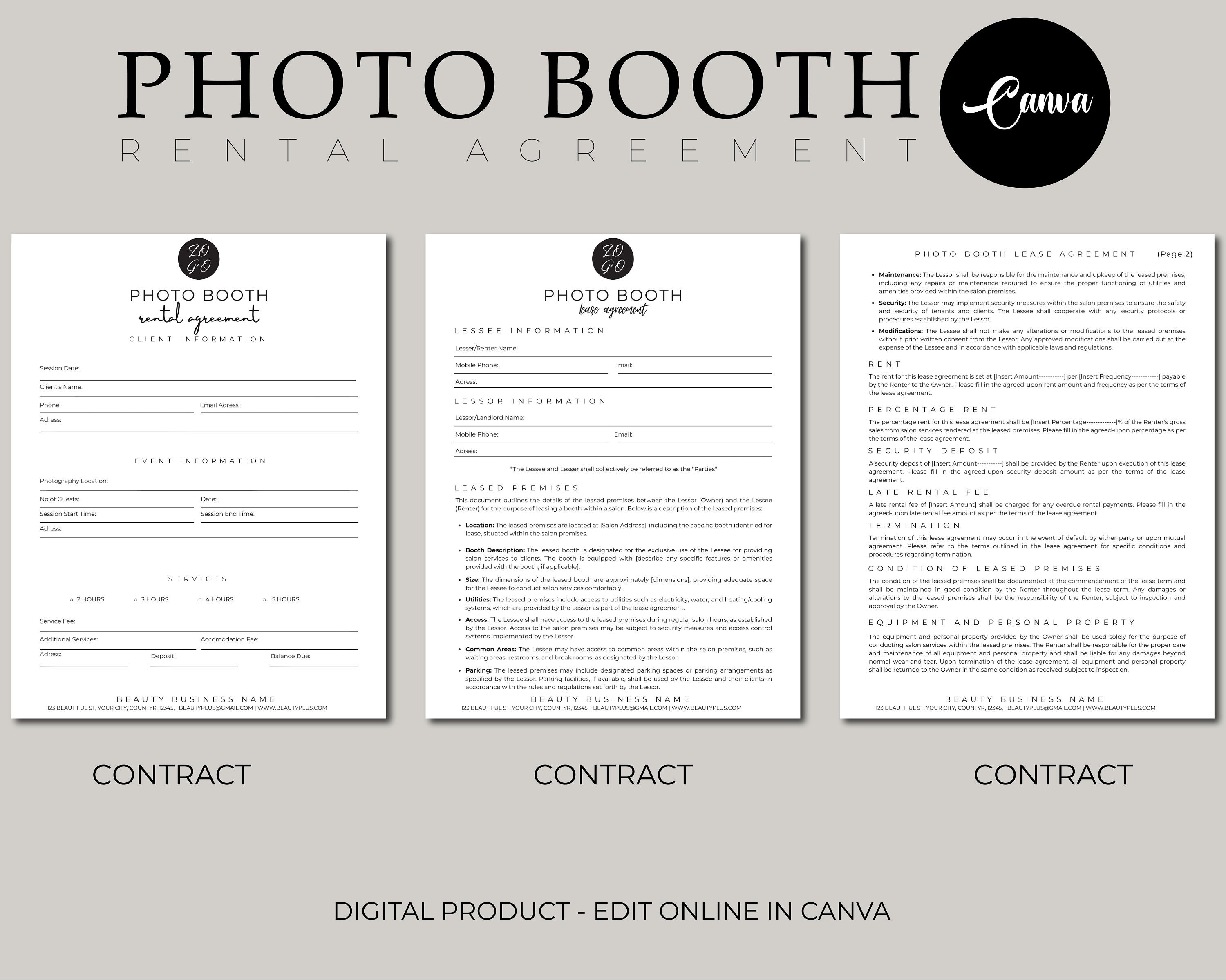 Photo Booth Contract, Editable Photo Booth Rental Contract, Photo Booth ...
