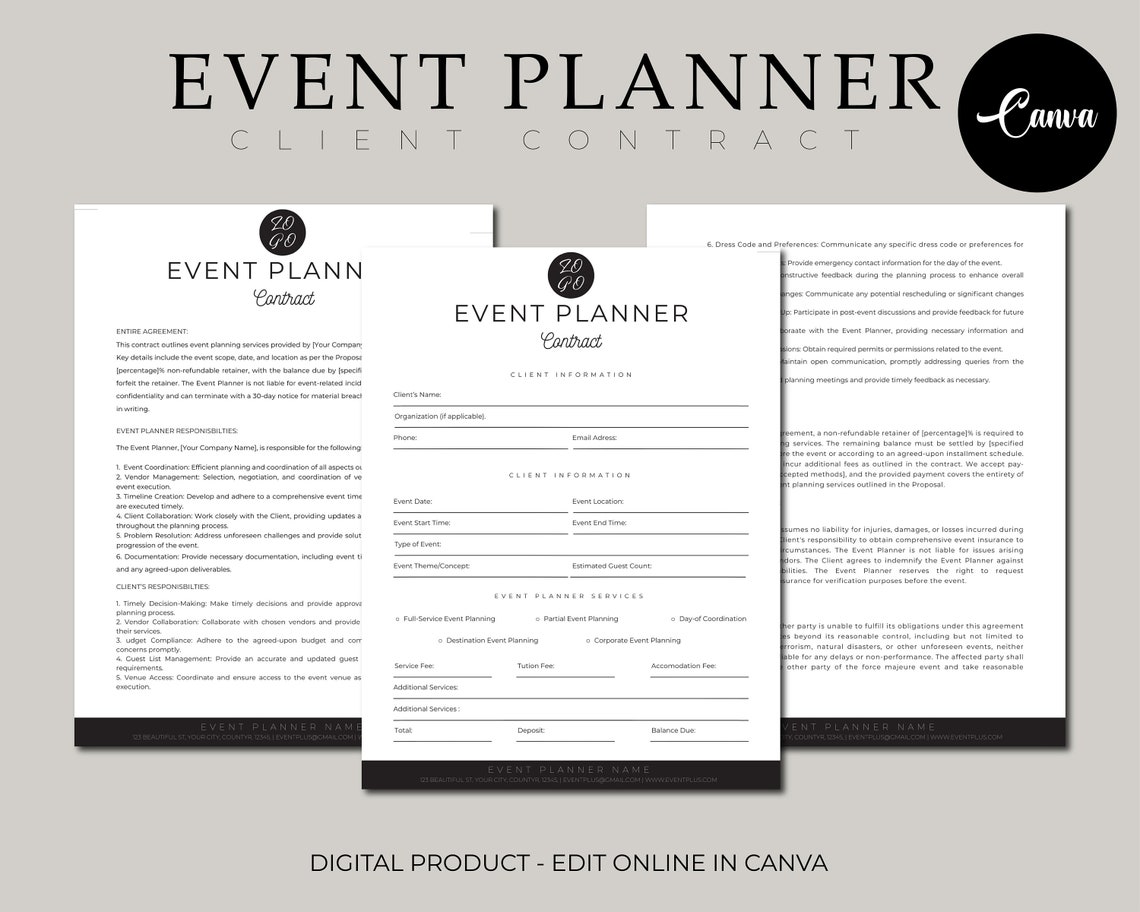 Editable Event Planner Contract Template, Canva Template, Event ...
