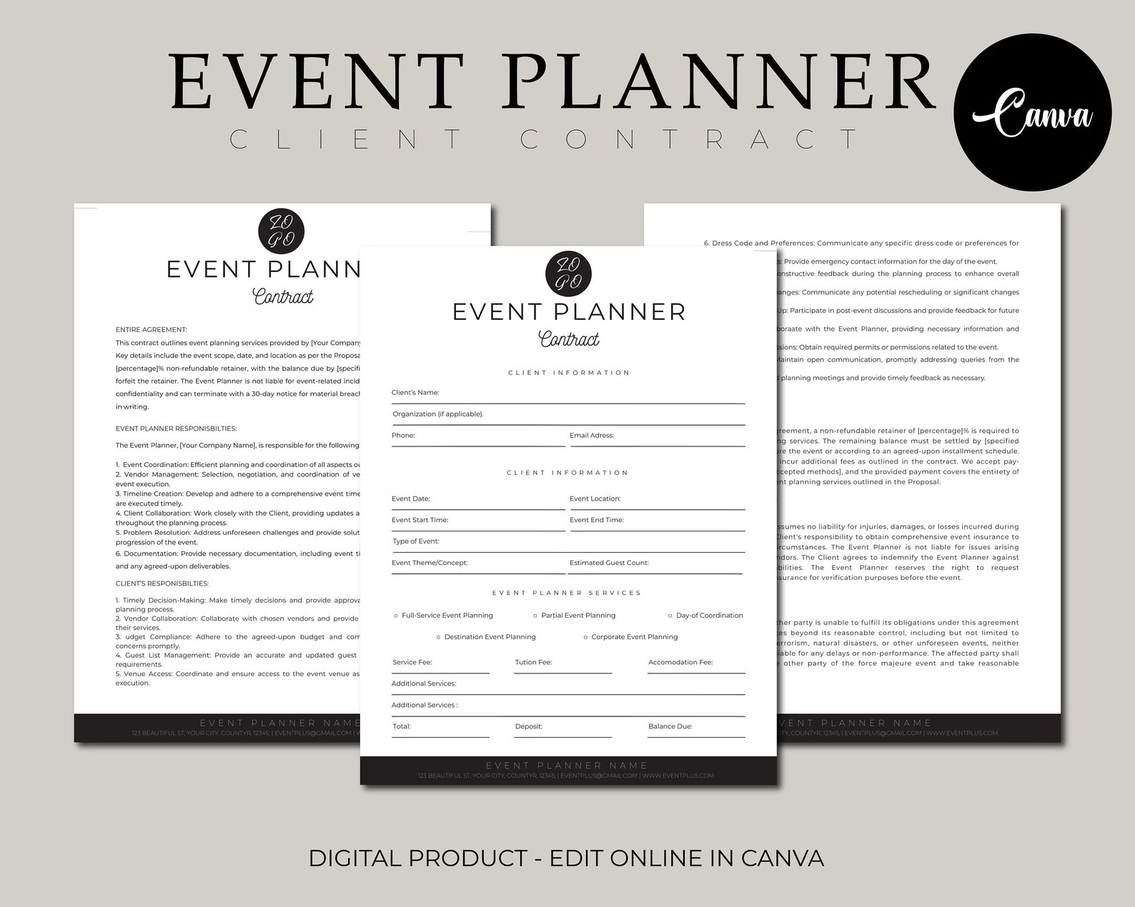 Editable Event Planner Contract Template Canva Template Event