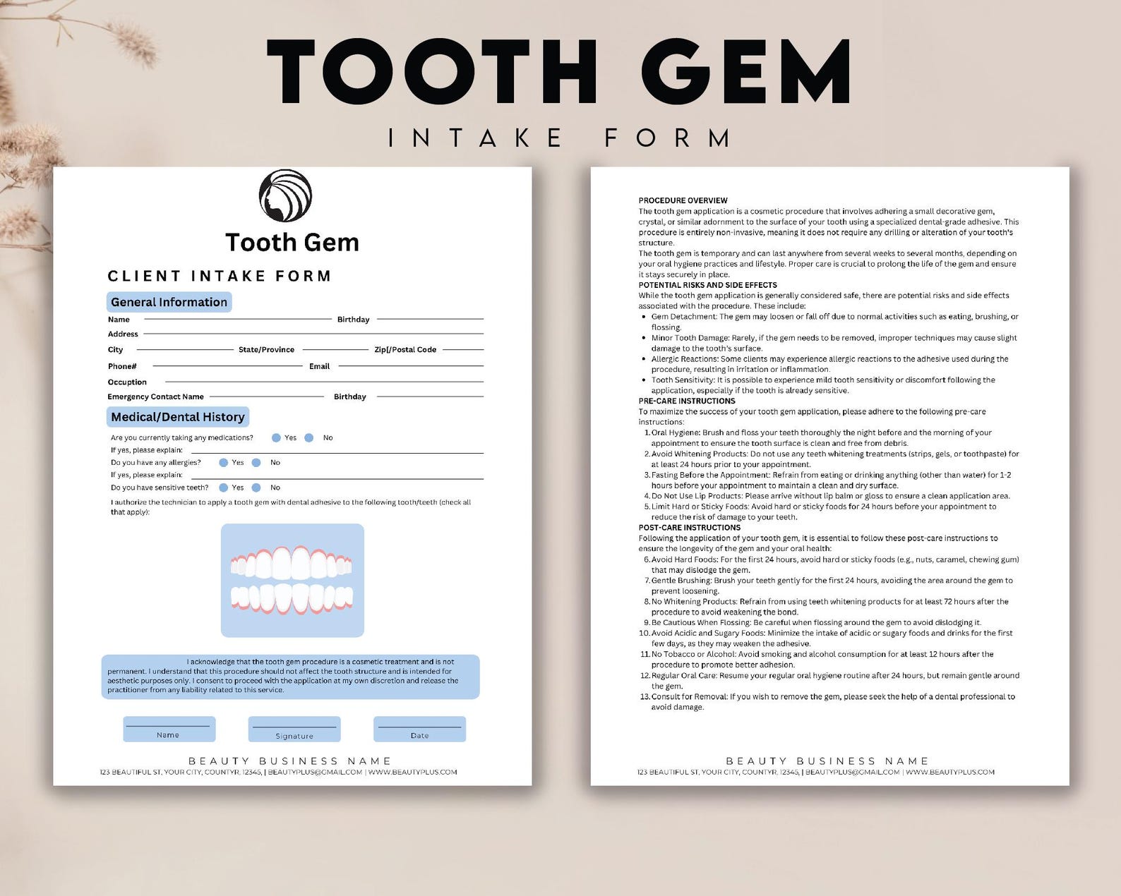 Tooth Gem Consent Form, Tooth Gem Consultation Forms, Tooth Gem Waiver ...