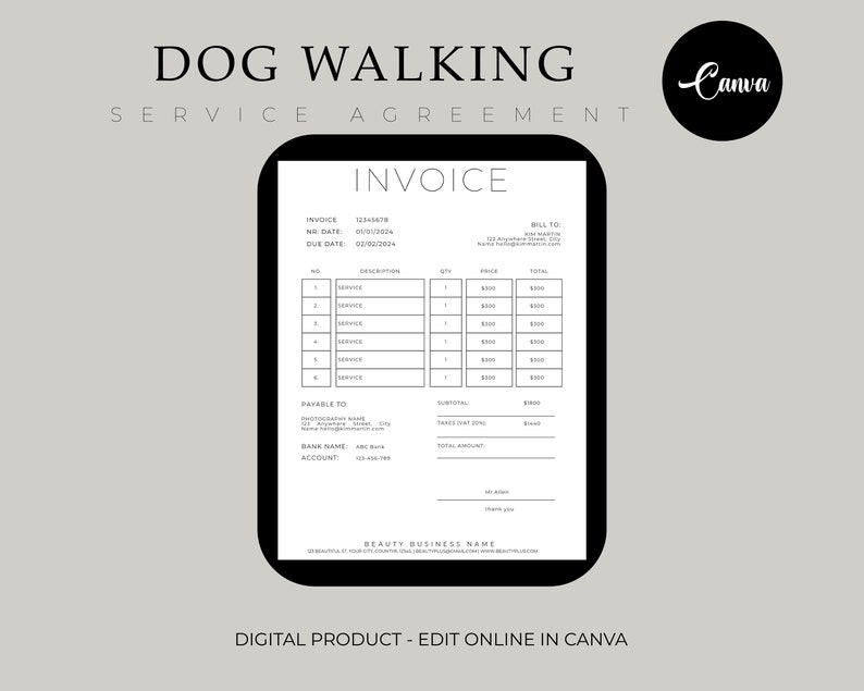 Dog Walking Service Agreement/contract Template, Invoice, Editable ...