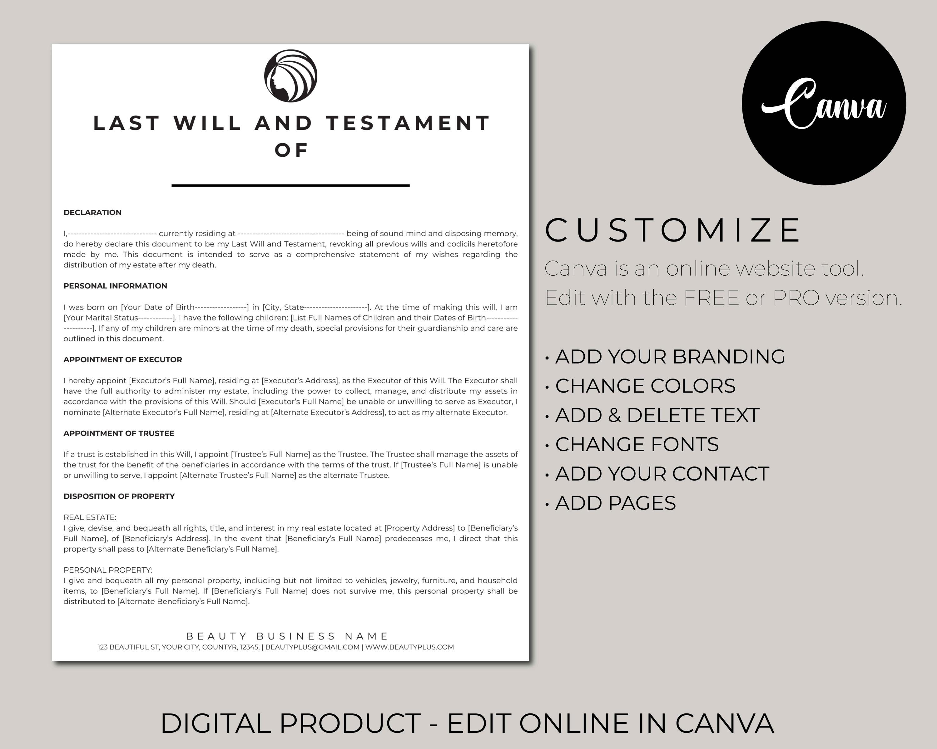Last Will and Testament, Printable Last Will and Testament Form, Legal ...