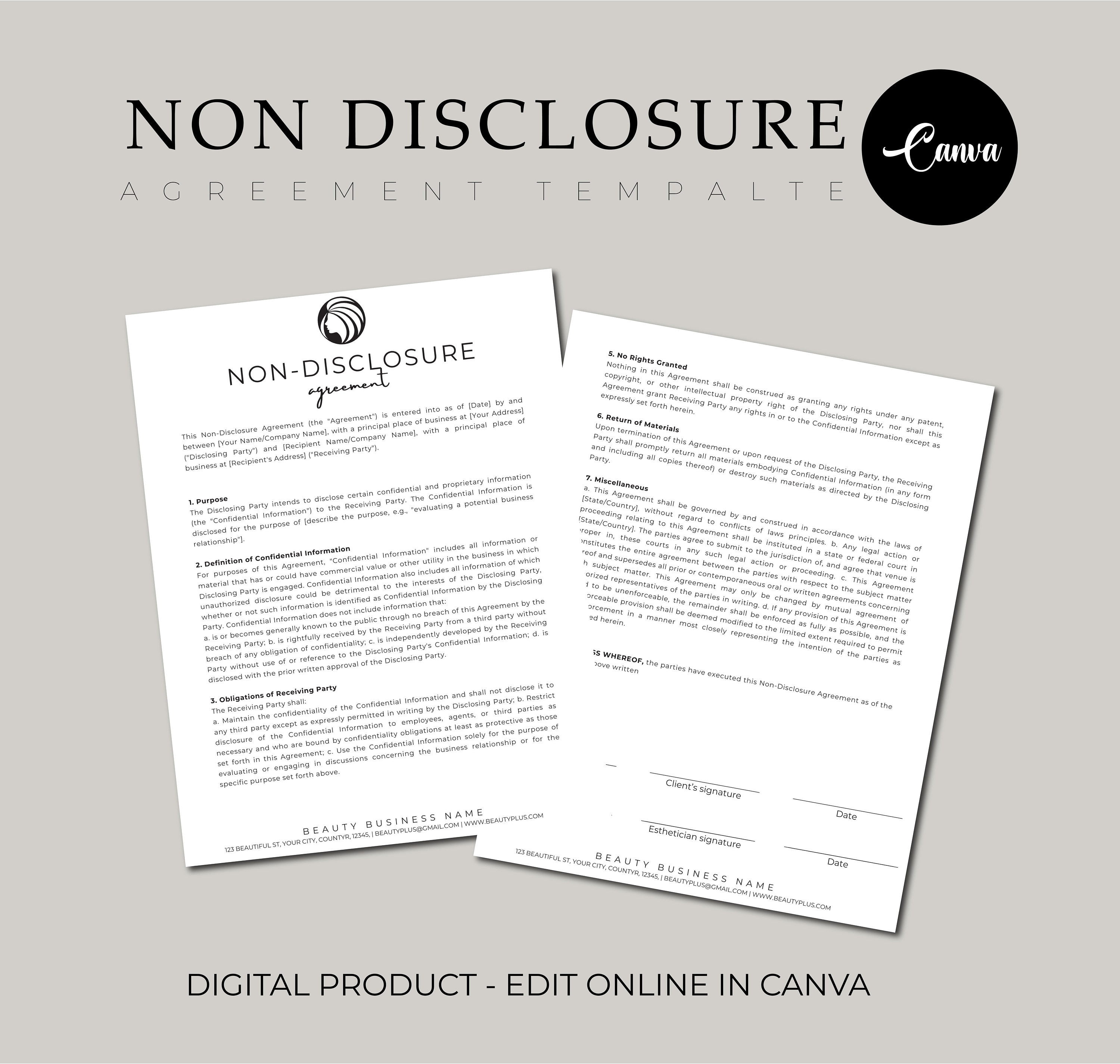 Non-disclosure Agreement Template Editable, Confidential Disclosure ...