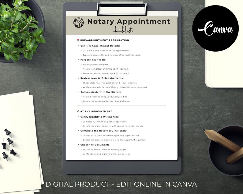 Editable Notary Appointment Checklist, Notary Public Templates, Notary ...