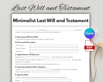 Editable Last Will and Testament Template, Printable One Page Will Form ...