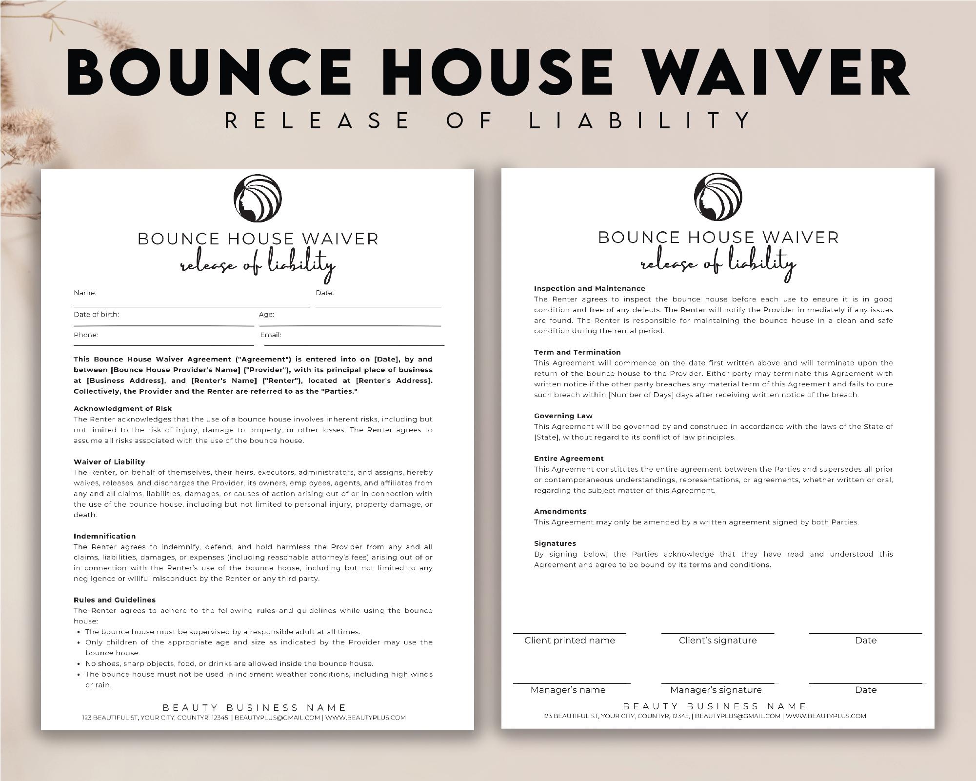 Bounce House Waiver Forms, Bounce House Rental Contract, Release of ...