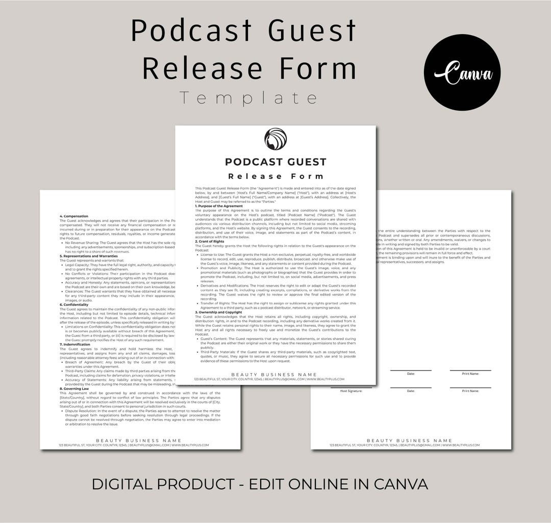 Podcast Guest Release Form, Podcast Agreement, Podcast Branding ...