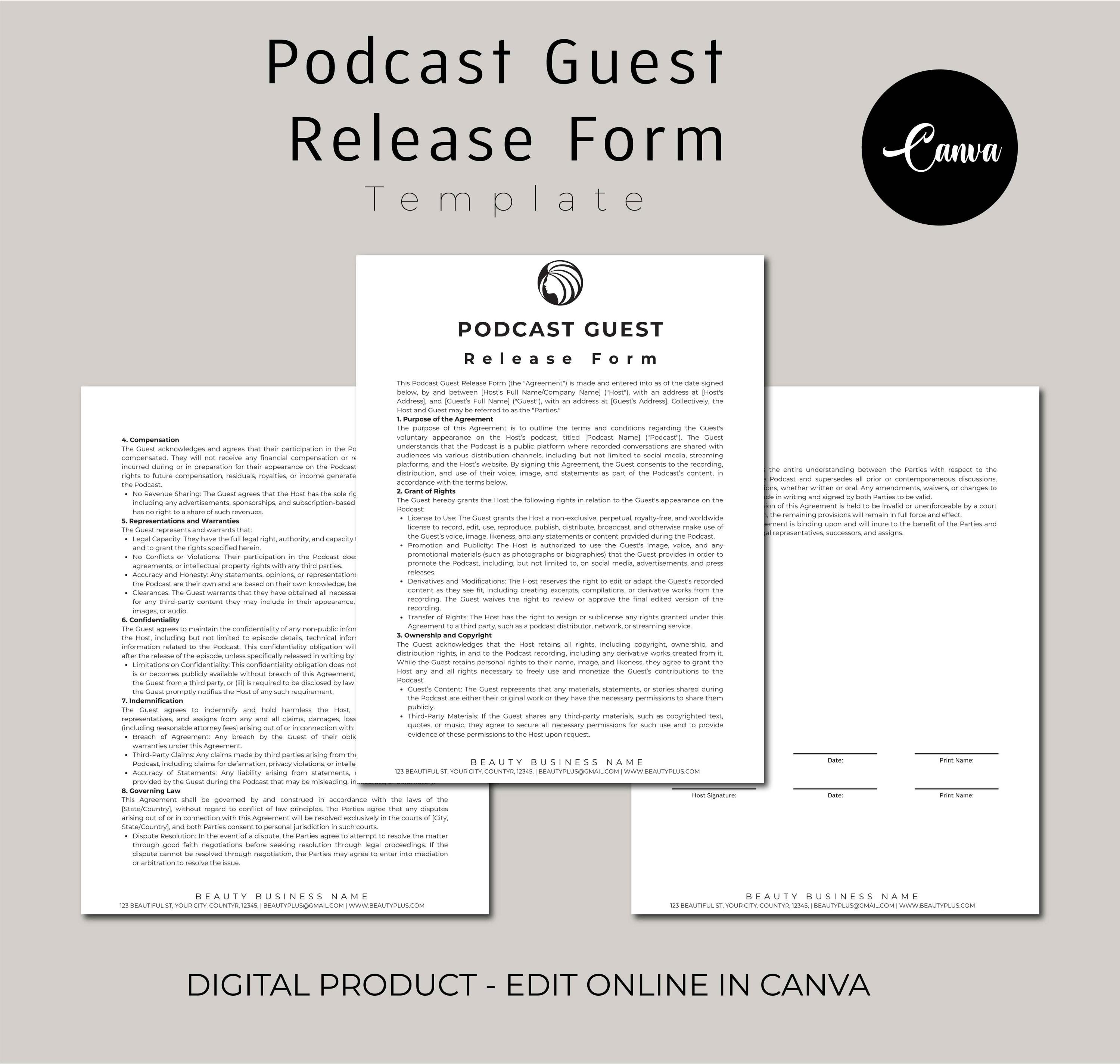 Podcast Guest Release Form, Podcast Agreement, Podcast Branding ...