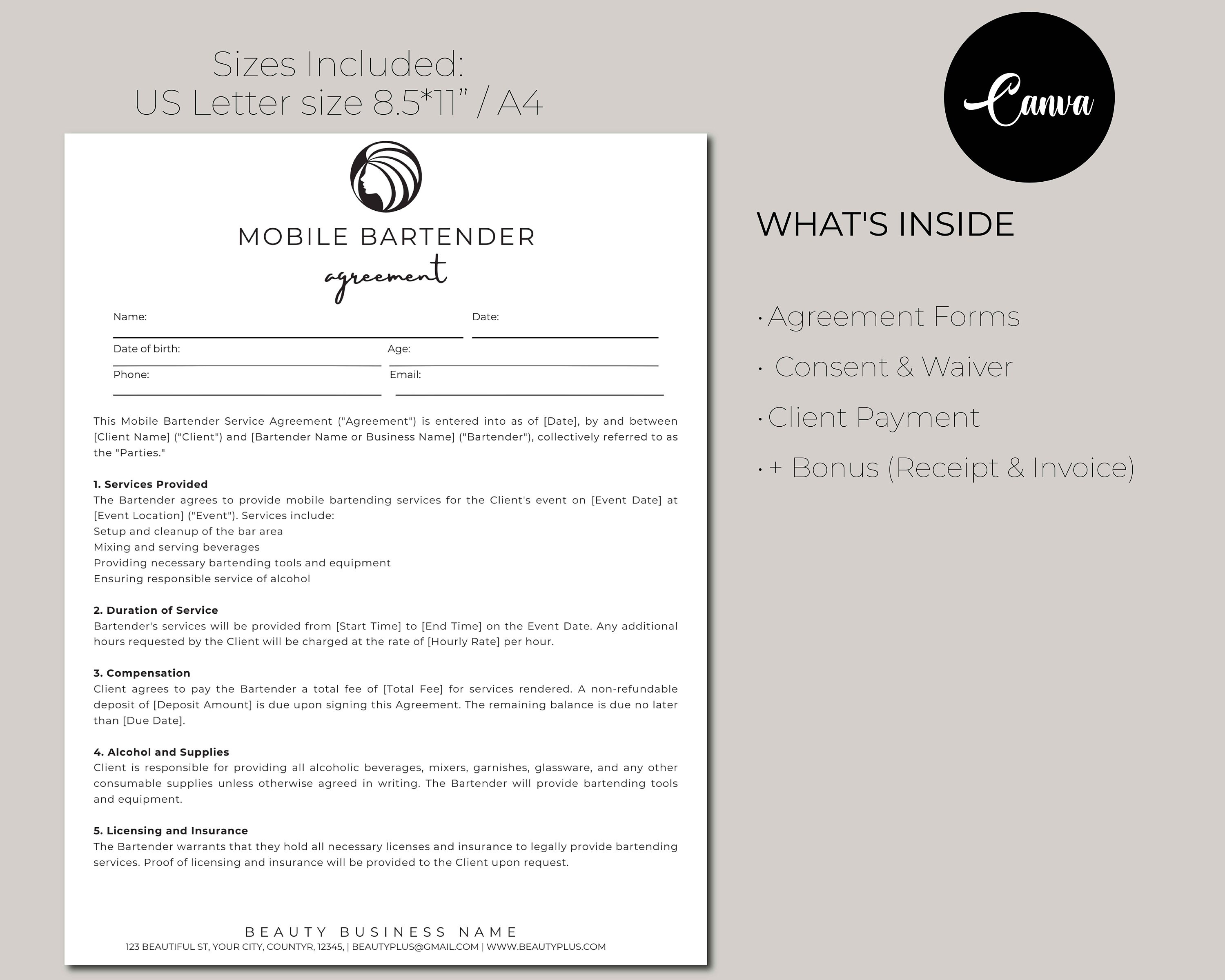 Mobile Bar Contract Template, Mobile Bar Service Contract Minimalist ...
