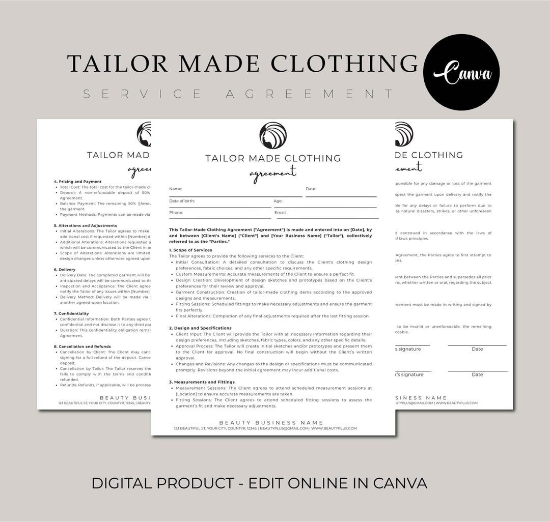 Tailor Made Clothing Agreement, Custom Garment Contract, Tailor Invoice ...