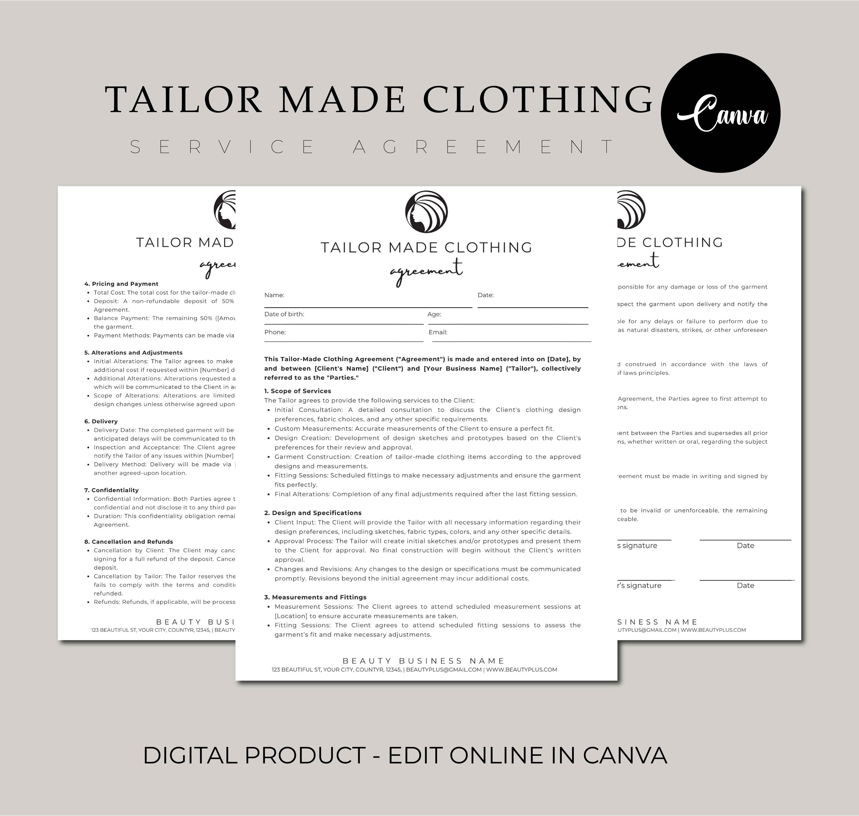 Tailor Made Clothing Agreement, Custom Garment Contract, Tailor Invoice ...