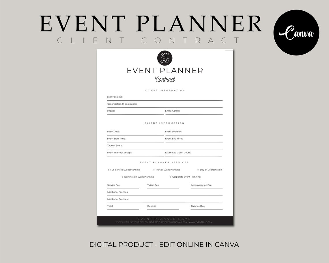 Editable Event Planner Contract Template, Canva Template, Event ...