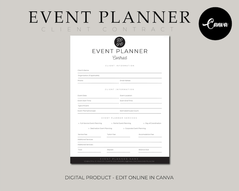 Editable Event Planner Contract Template, Canva Template, Event ...