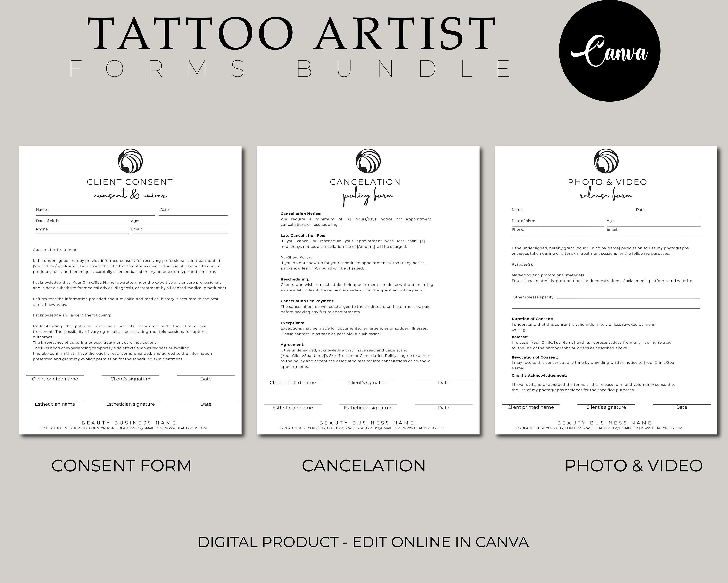 Tattoo Artist Forms Bundle - Editable!, Tattoo Consent Form, Tattoo ...
