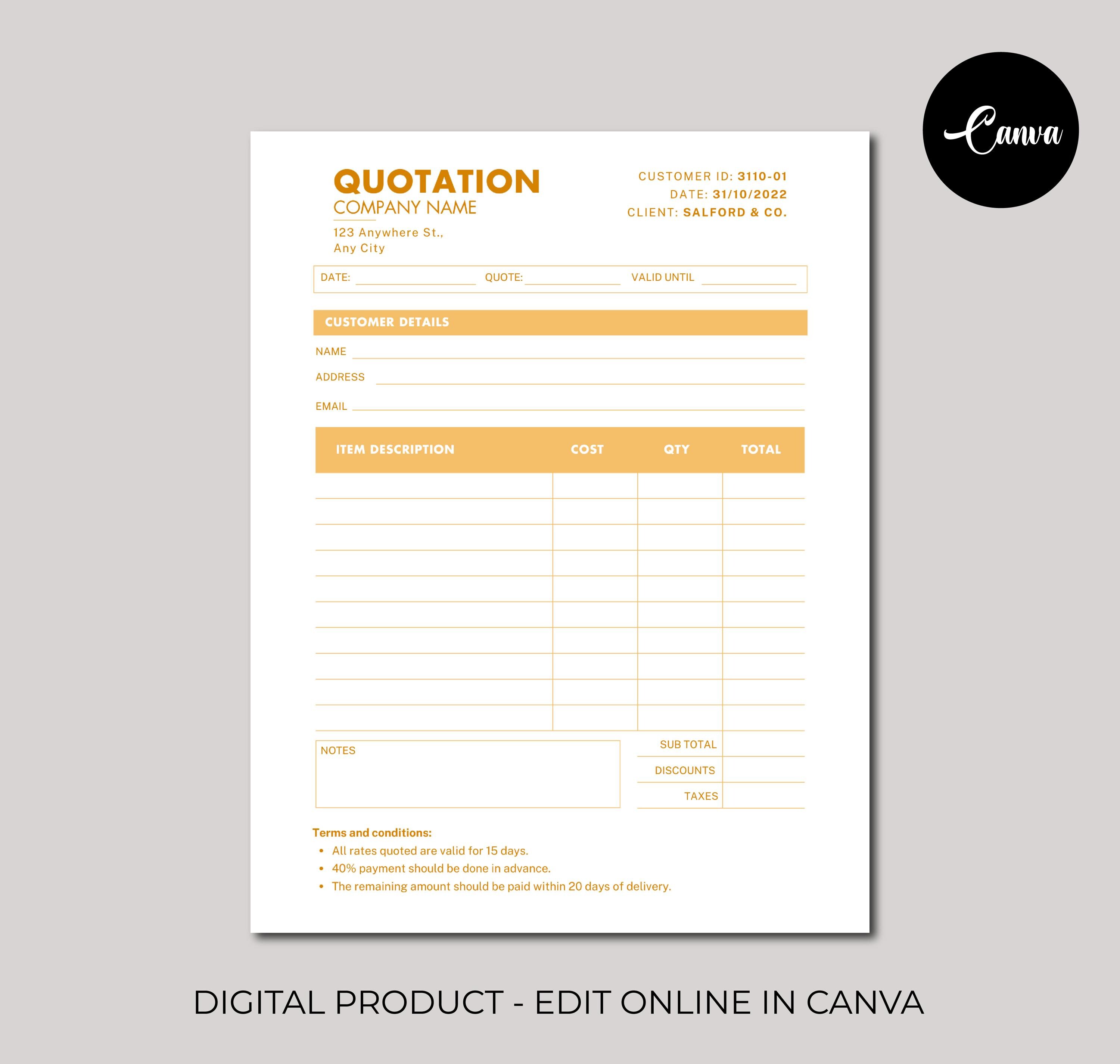 Quotation Template, Quote Form, Job Estimate Form, Invoice & Receipt ...