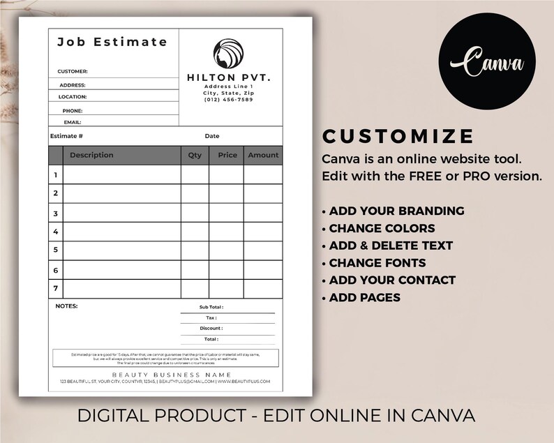 Job Estimate Template, Work Estimate Form, Editable Construction Bid ...