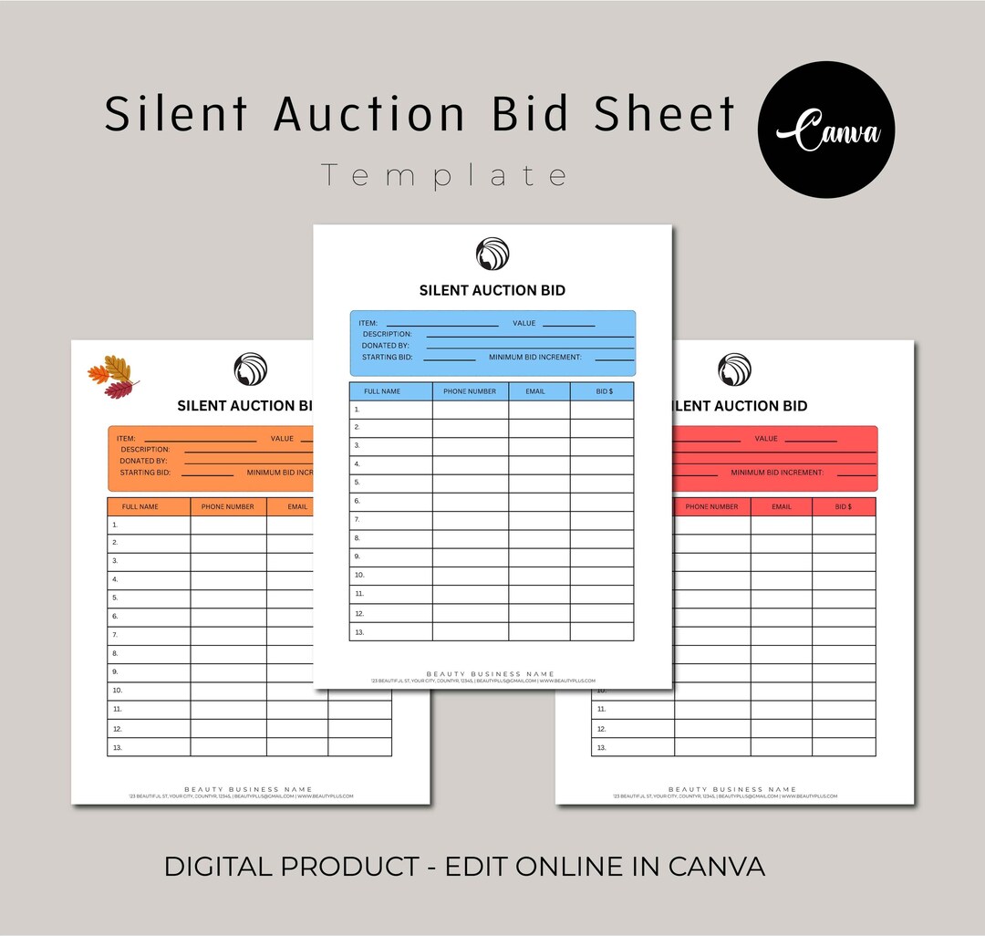 Editable Silent Auction Bid Sheet, Silent Auction Sign up Sheet, Silent ...