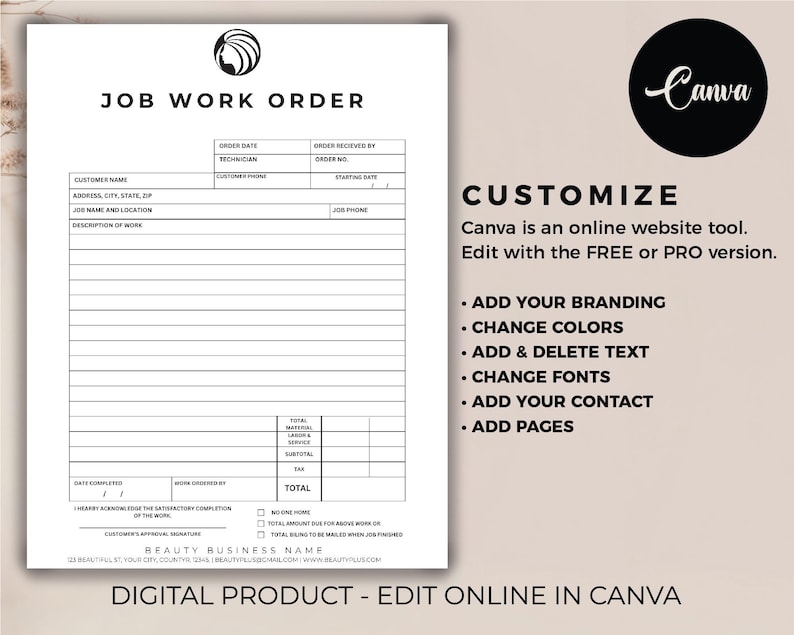 Editable Job Work Order Form, Business Job Work Order, Job Work Order ...