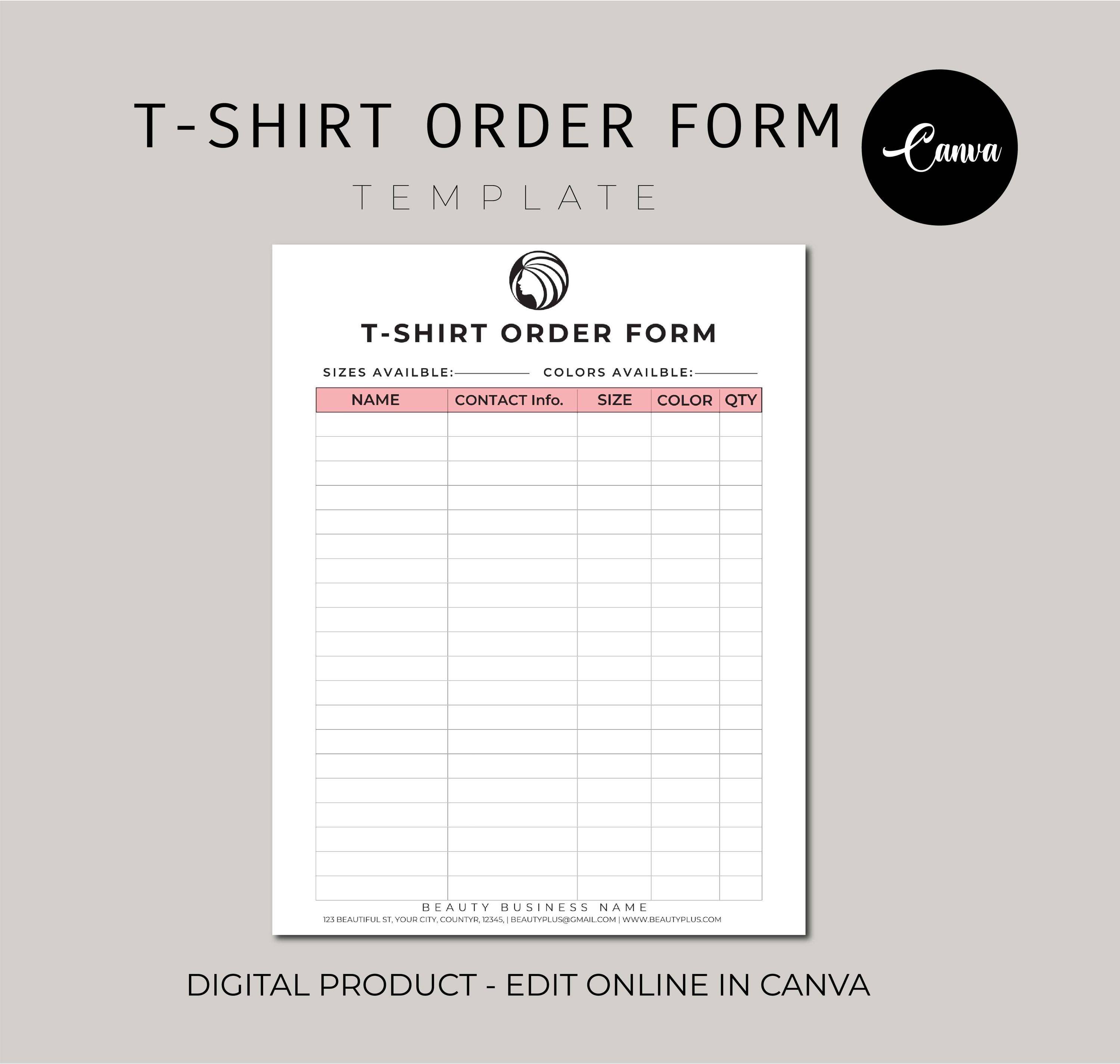 Editable Shirt Order Form Template, Printable Tshirt Order Forms ...