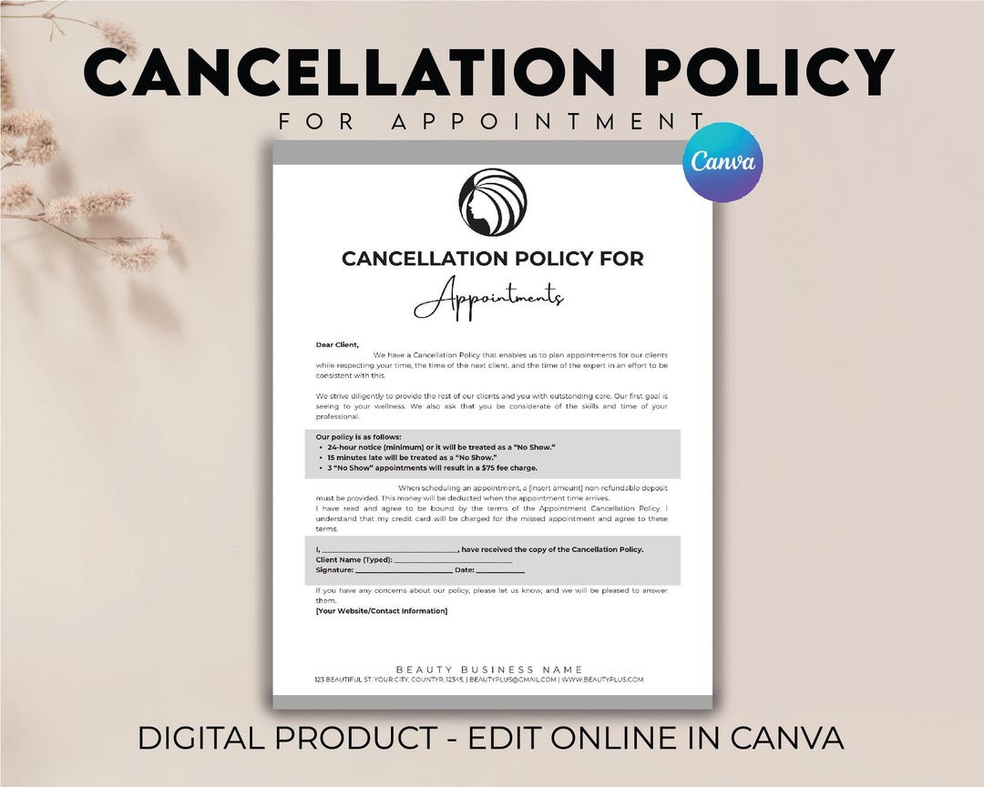 Editable Cancellation Policy Form, Appointment Cancellation Policy ...