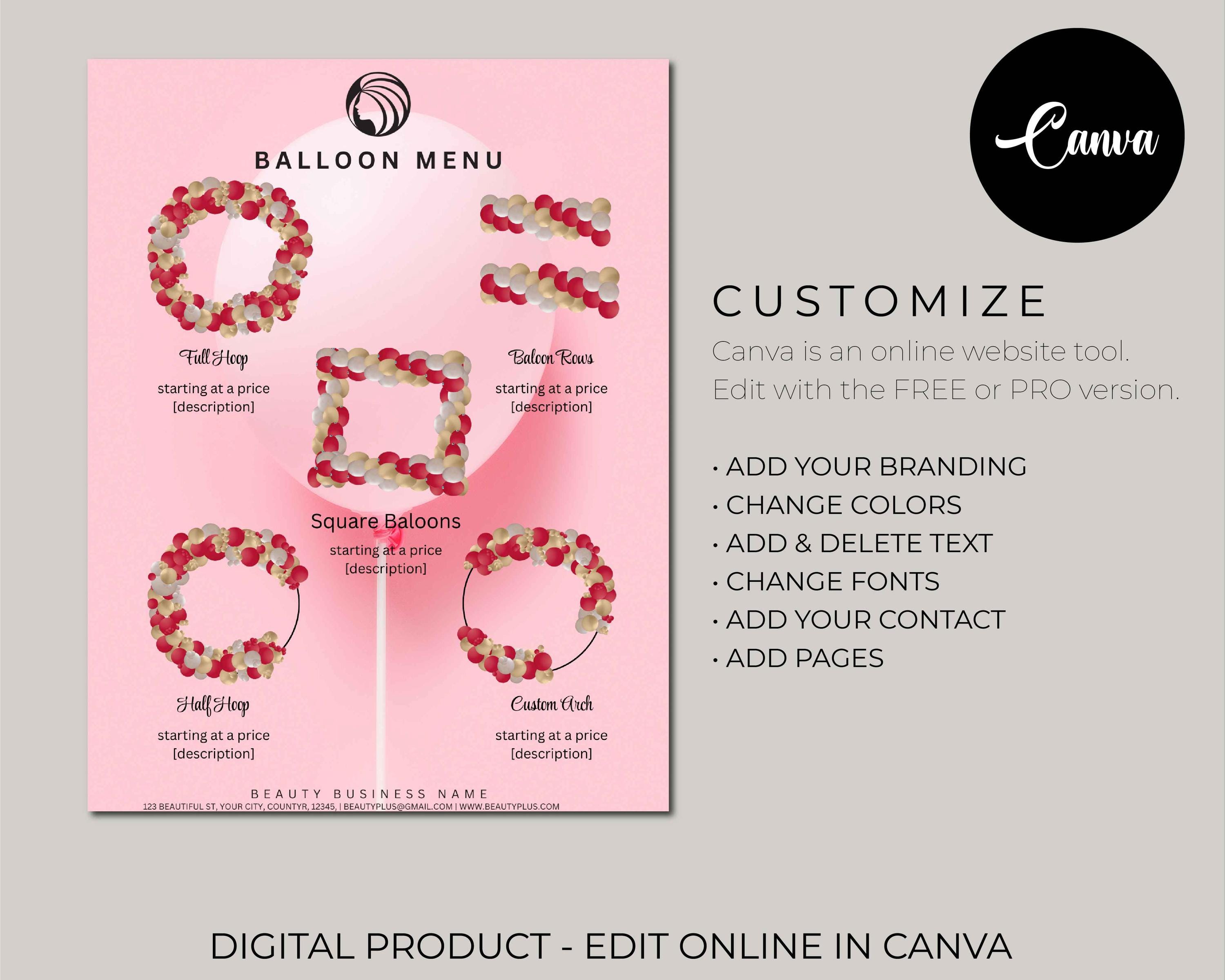 BALLOON MENU, Balloon MOCKUP Template, Balloon Artist, Editable Balloon ...