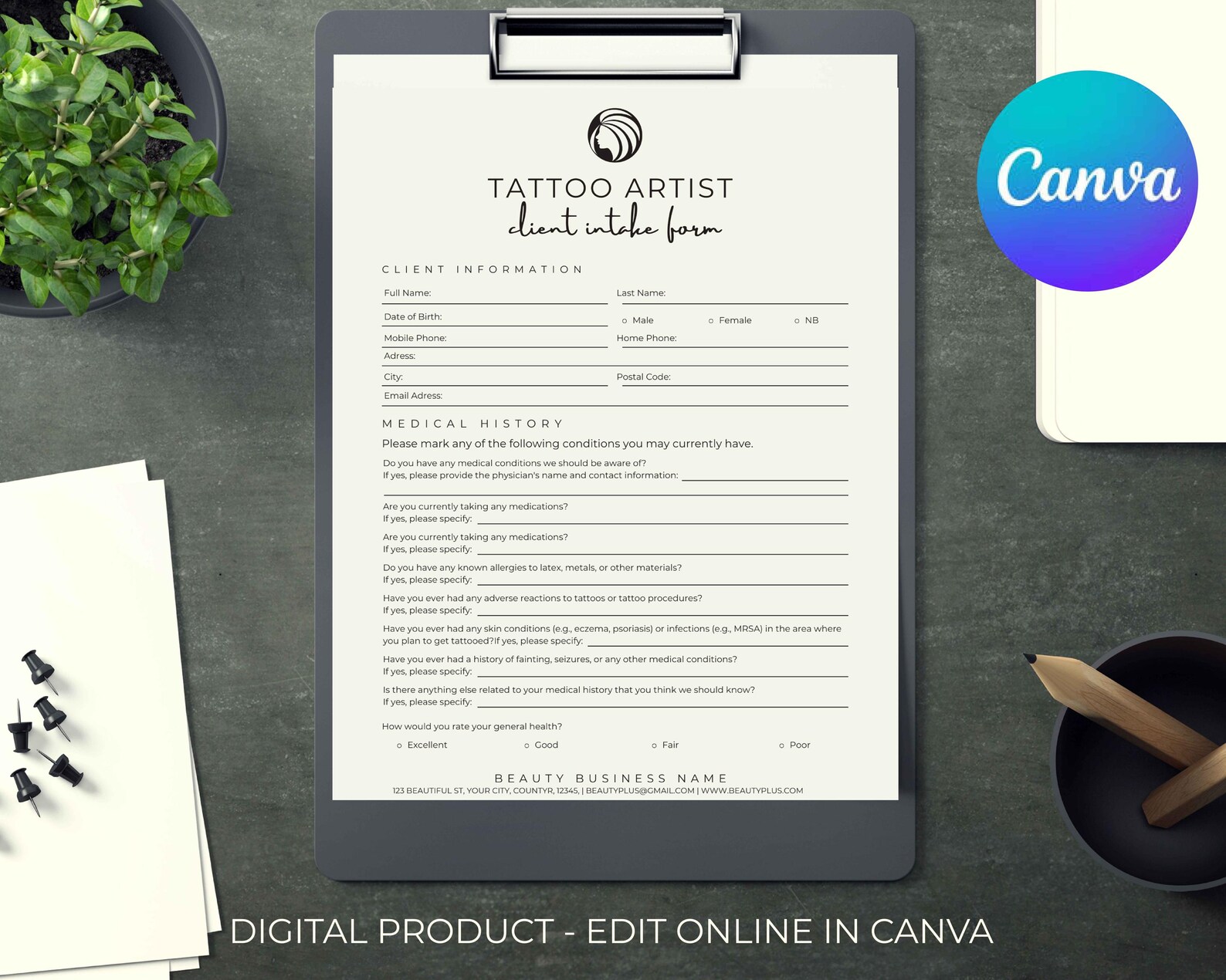 Editable Tattoo Artist Forms Bundle, Tattoo Consent Form, Tattoo ...