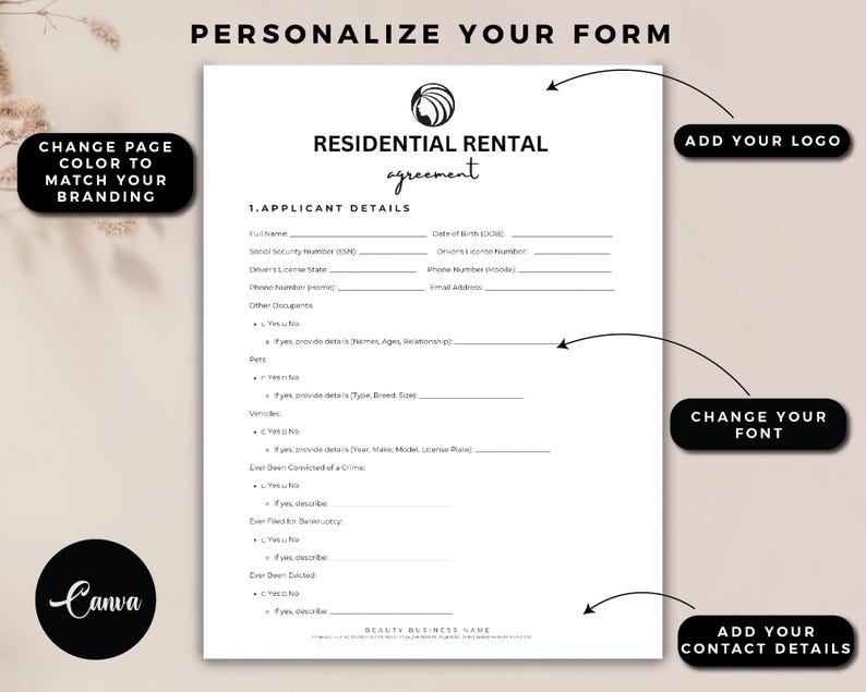 Editable Rental Application Form, Tenant Rental Application, Lease ...